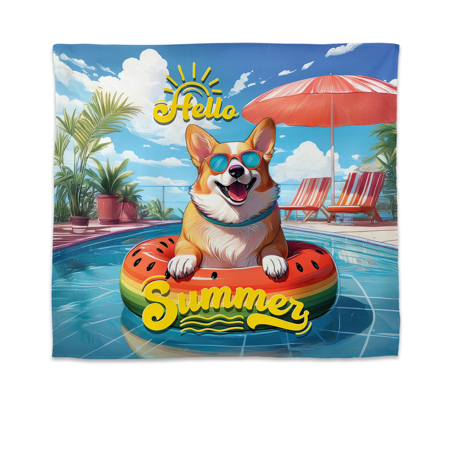 Hello Summer Corgi Pool Day on Watermelon Float Tapestry Welsh Corgi ...