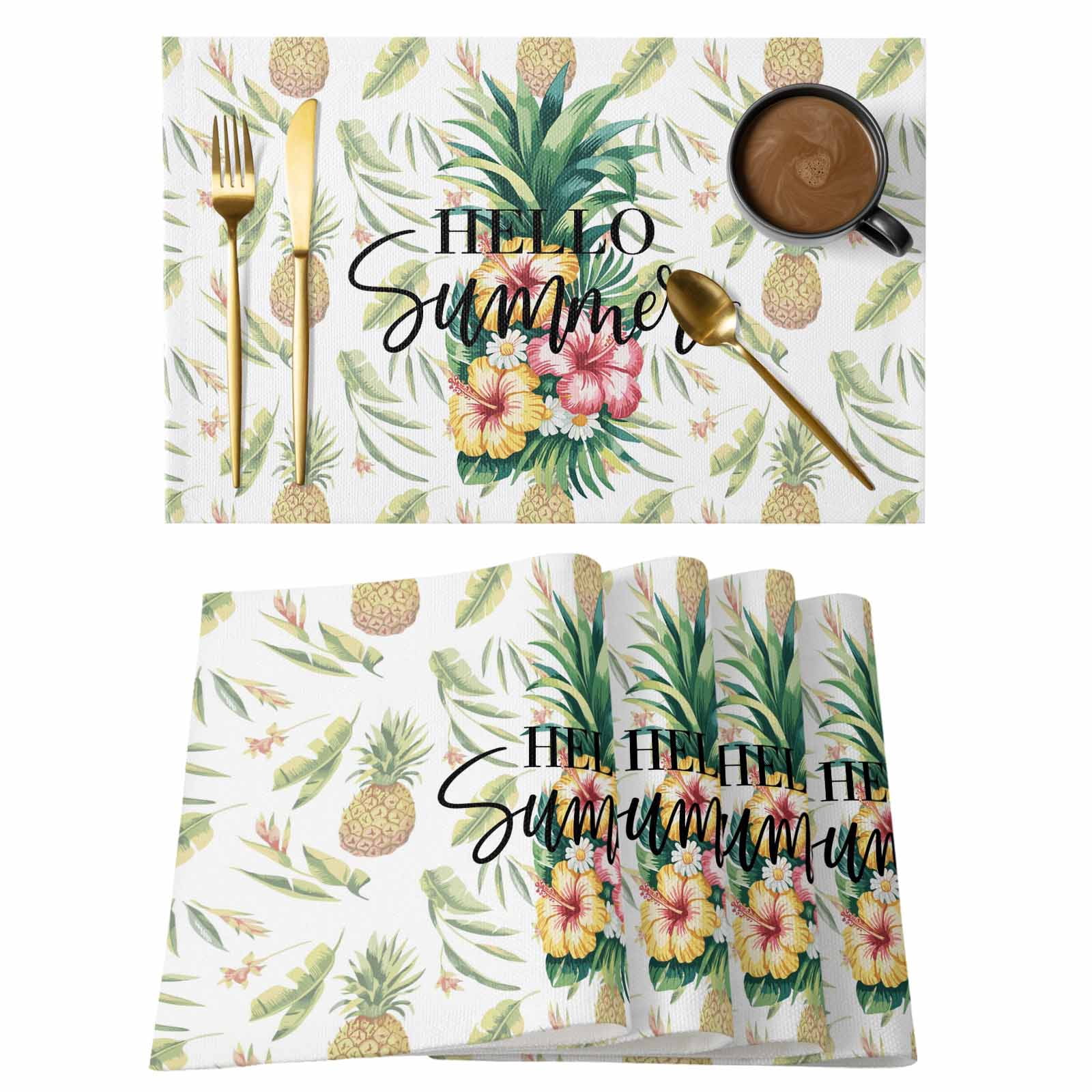Hello Summer Cotton Linen Placemats Set of 8, Pineapple Red Flower ...