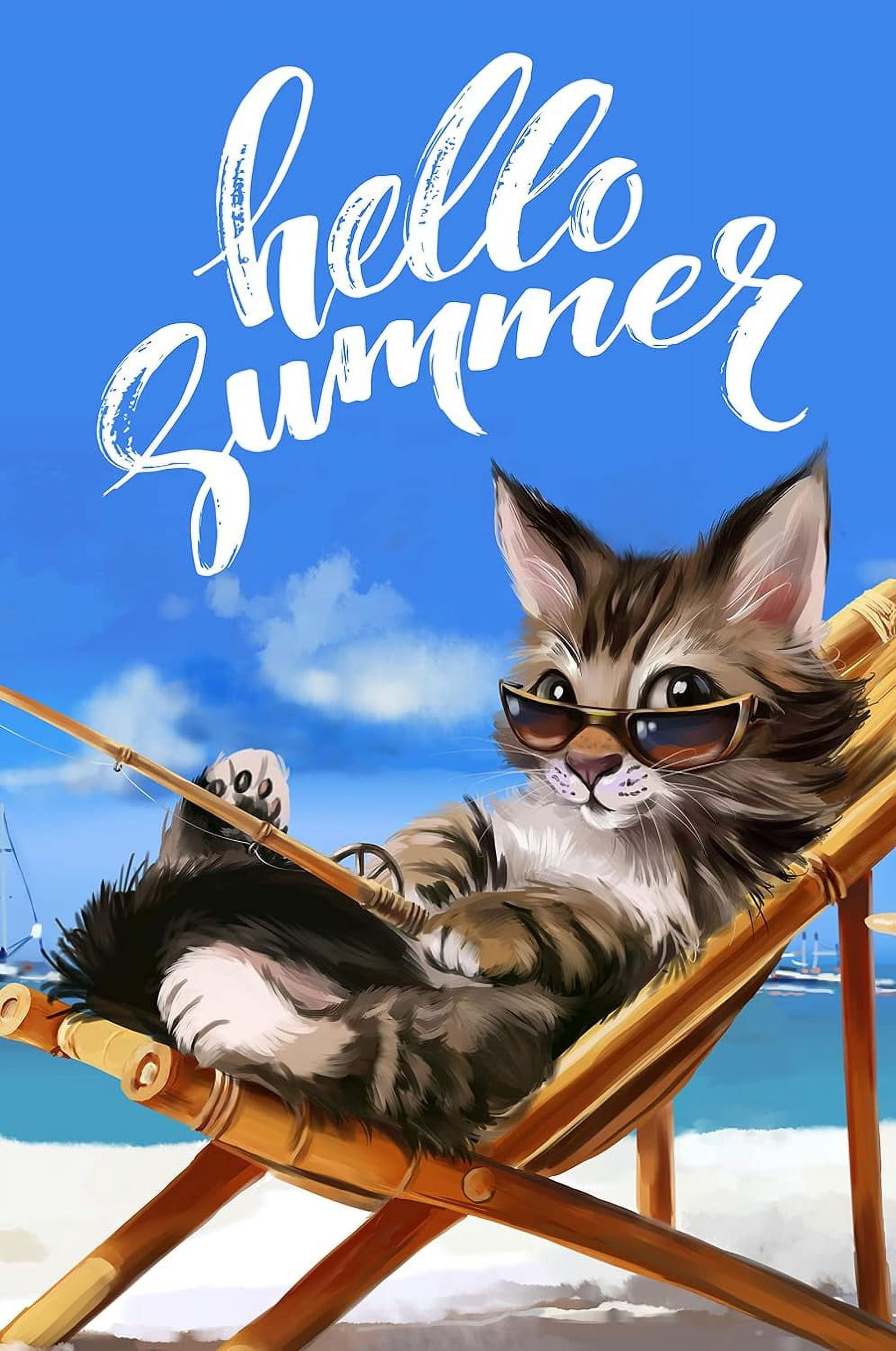 Hello Summer Cute Cat Kitty on Beach Chair Decoration Seaside House ...