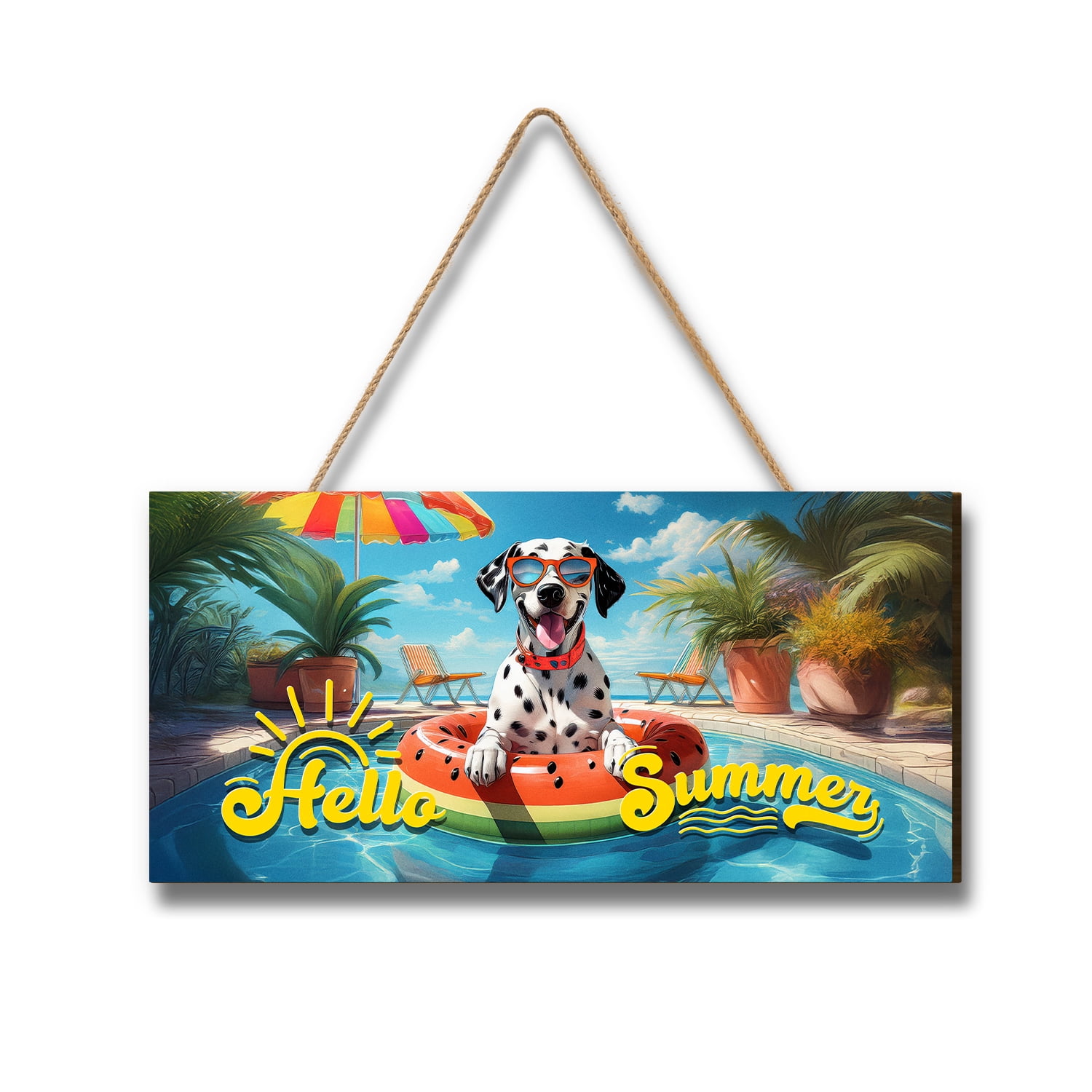 Hello Summer Dalmatian Pool Day on Watermelon Float Landscape Wood Sign ...