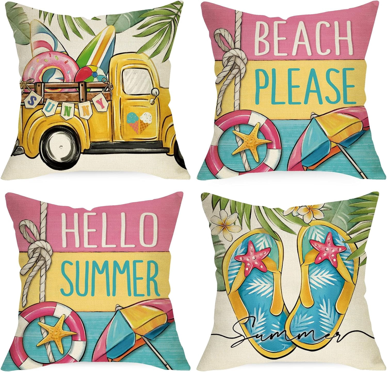 Hello Summer Decorative Throw Pillow Covers 20 x 20 Set of 4, Beach ...