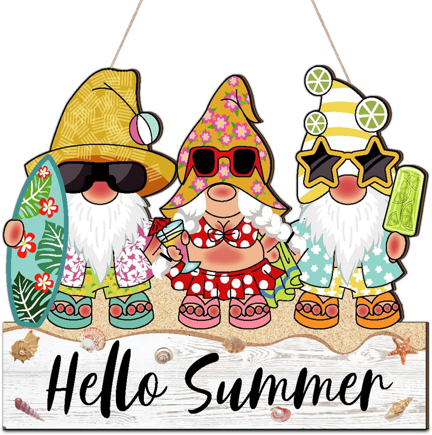 Hello Summer Door Sign, Gnomes Summer Door Decor Wooden Door Hanging ...