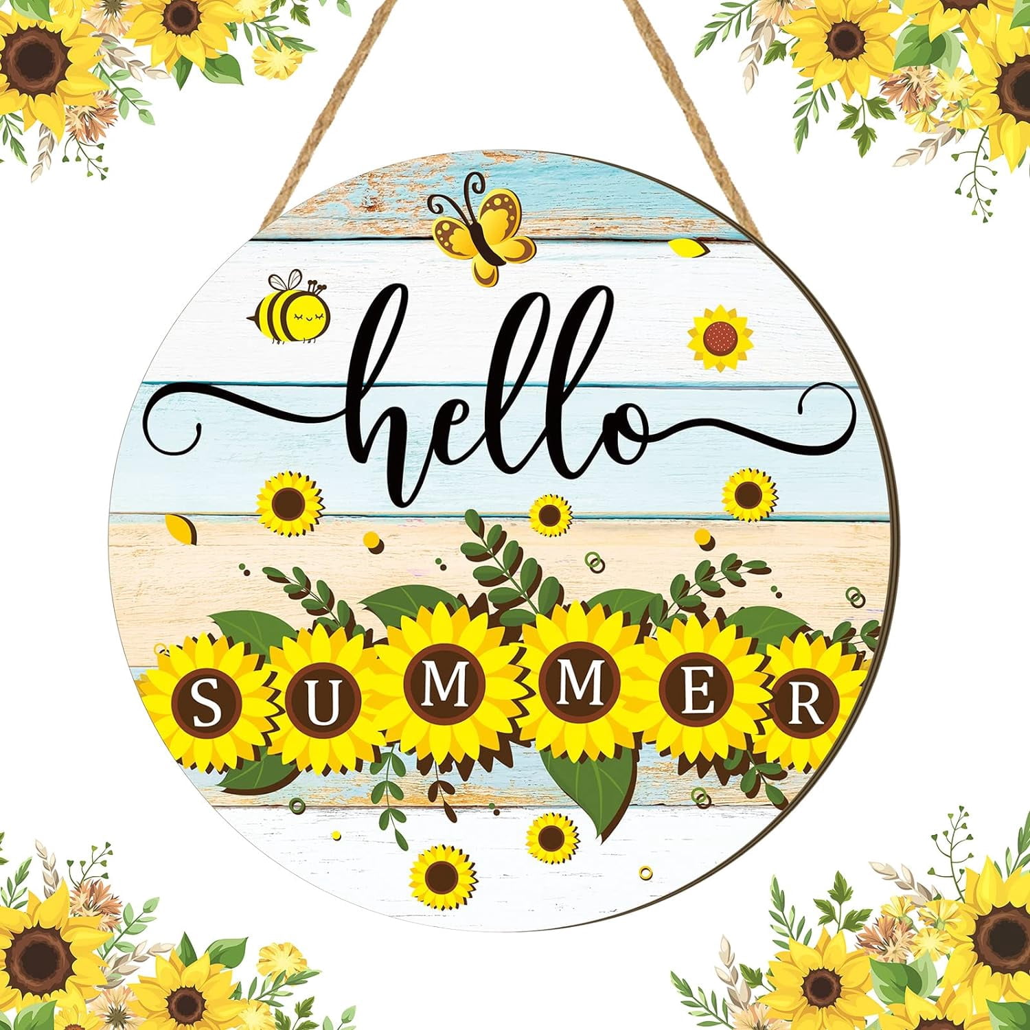 Hello Summer Door Sign Summer Welcome Door Sign Sunflower Wreath Door ...