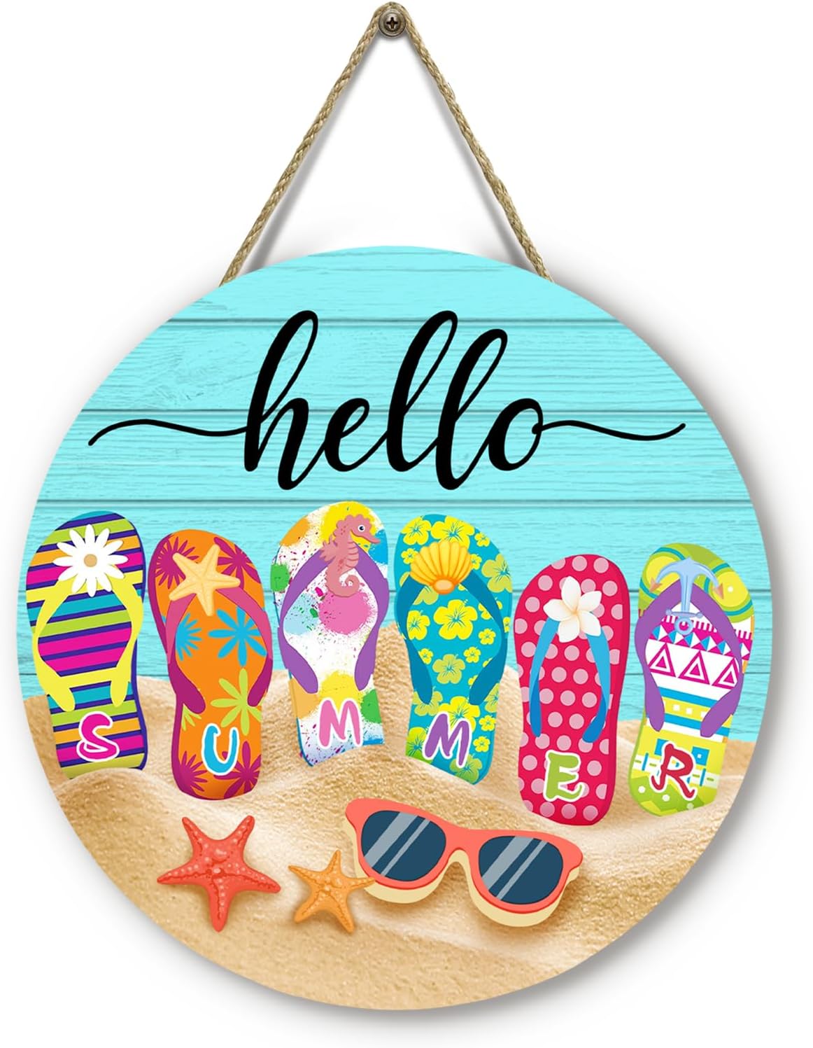 Hello Summer Door Signs Beach Flip Flops Round Wooden Sign for Front ...