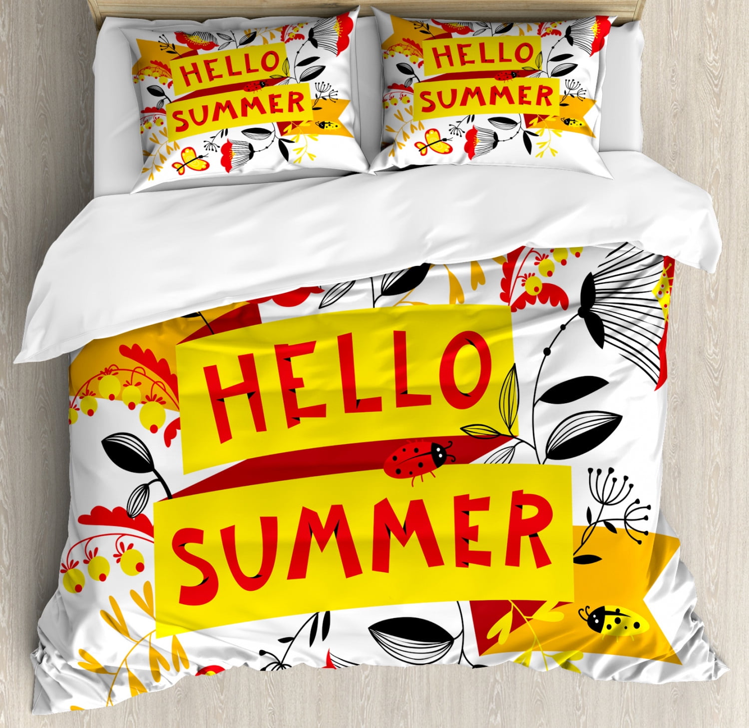Hello Summer Duvet Cover Set Queen Size, Lettering with Flowers Leaves ...
