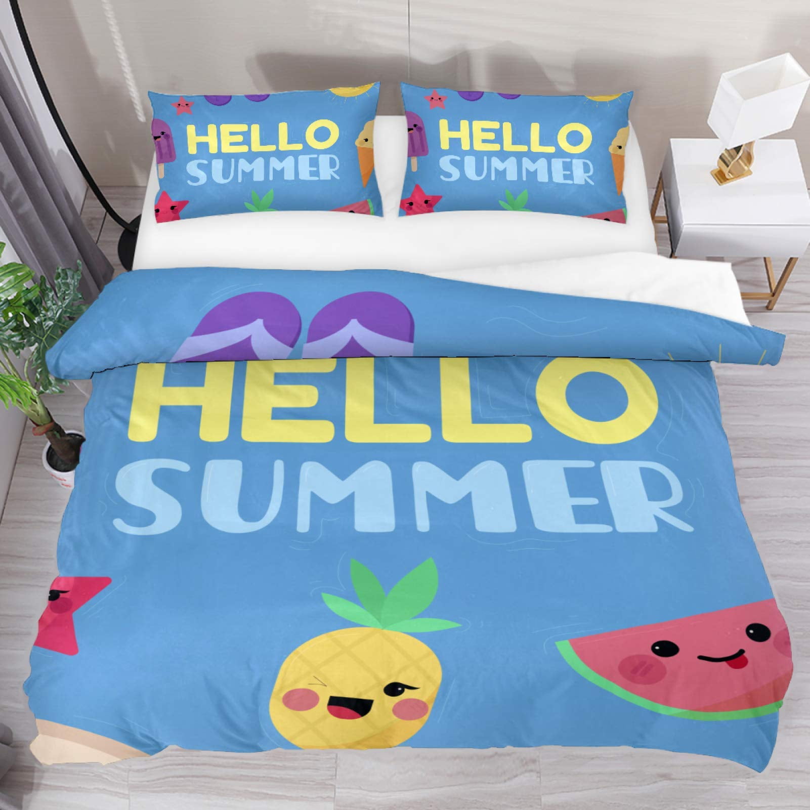 Hello Summer Duvet Cover Set Watercolor Watermelon Fruits Bedding Set ...