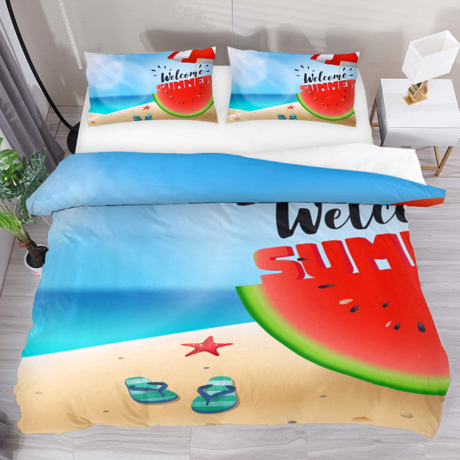 Hello Summer Duvet Cover Set Watercolor Watermelon Fruits Bedding Set ...