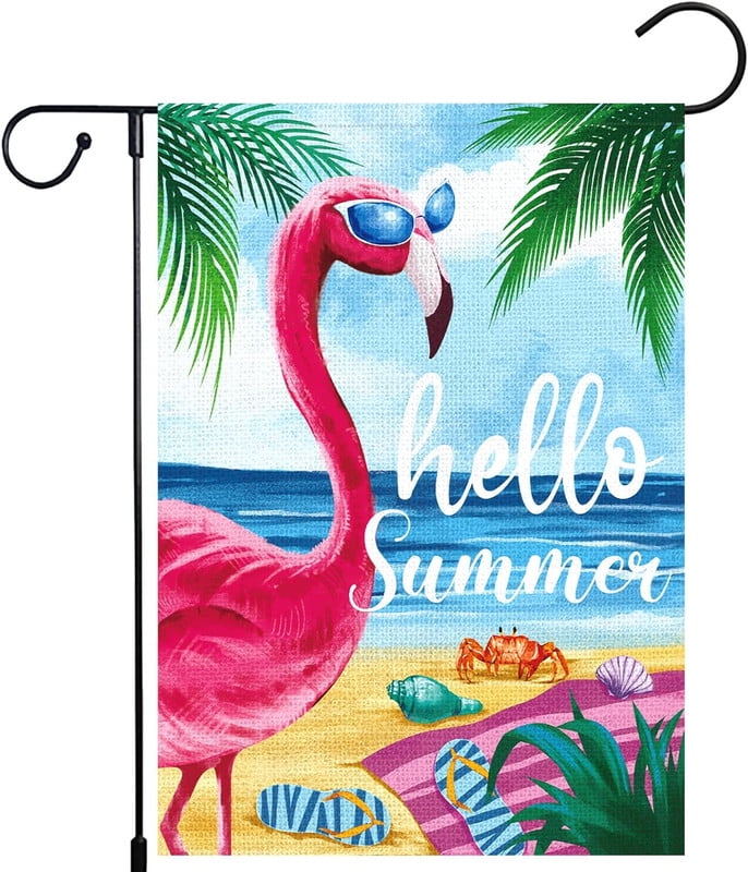 Hello Summer Flamingo Garden Flag Beach Tropical Palm Trees Spring ...