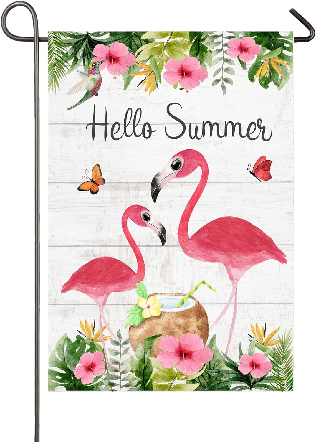 Hello Summer Flamingo Garden Flag Double Sided Floral Tropical Flowers ...