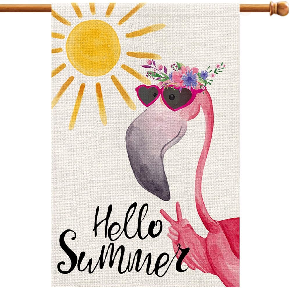 Hello Summer Flamingo House Flag Burlap Vertical Double Sided 28x40 ...