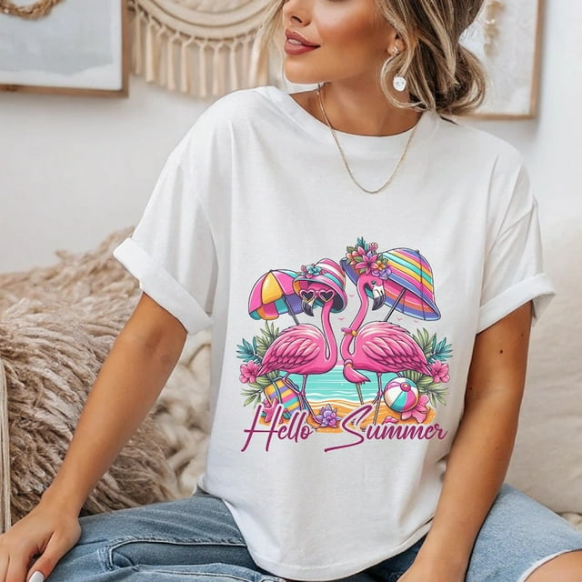 Hello Summer Flamingo Shirt, Colorful Beach Vibes, Tropical Vacation ...