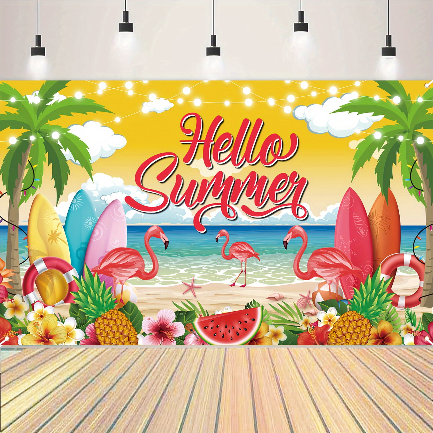 Hello Summer Flamingo & Tropical Fruit Pattern Banner, - Durable ...