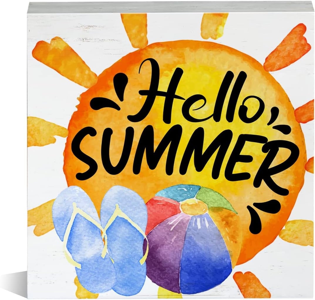 Hello Summer Flip Flop Wooden Box Sign Summer Beach Wood Block Tabletop ...