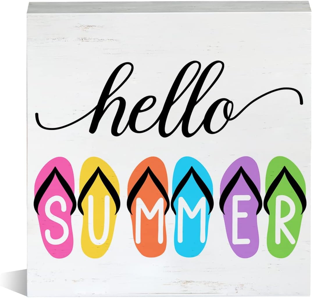 Hello Summer Flip Flop Wooden Box Sign Wood Block Tabletop Sign Welcome ...