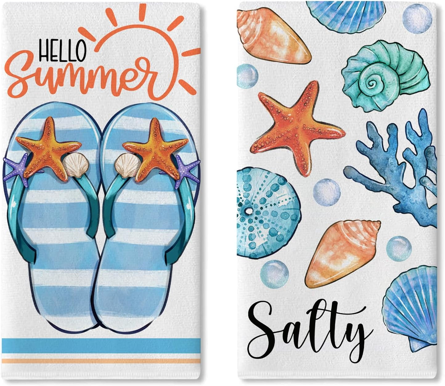 Hello Summer Flip Flops Kitchen Dish Towels Set of 2, Beach Coastal ...