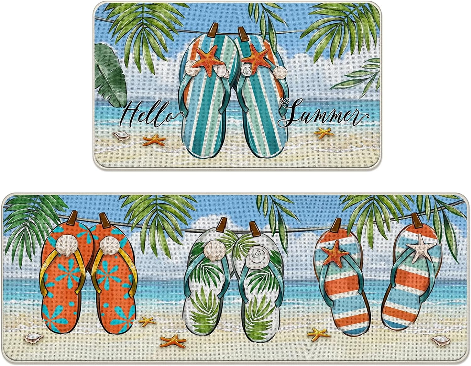 Hello Summer Flip Flops Kitchen Rugs Set of 2, Beach Coastal Tropical ...