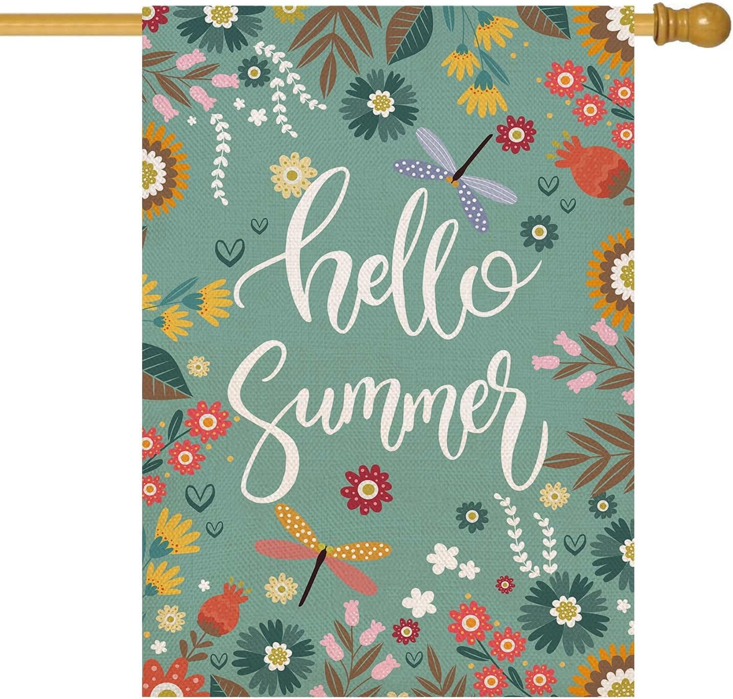 Hello Summer Floral House Flag Spring Boho Flower Plants Outside Double ...