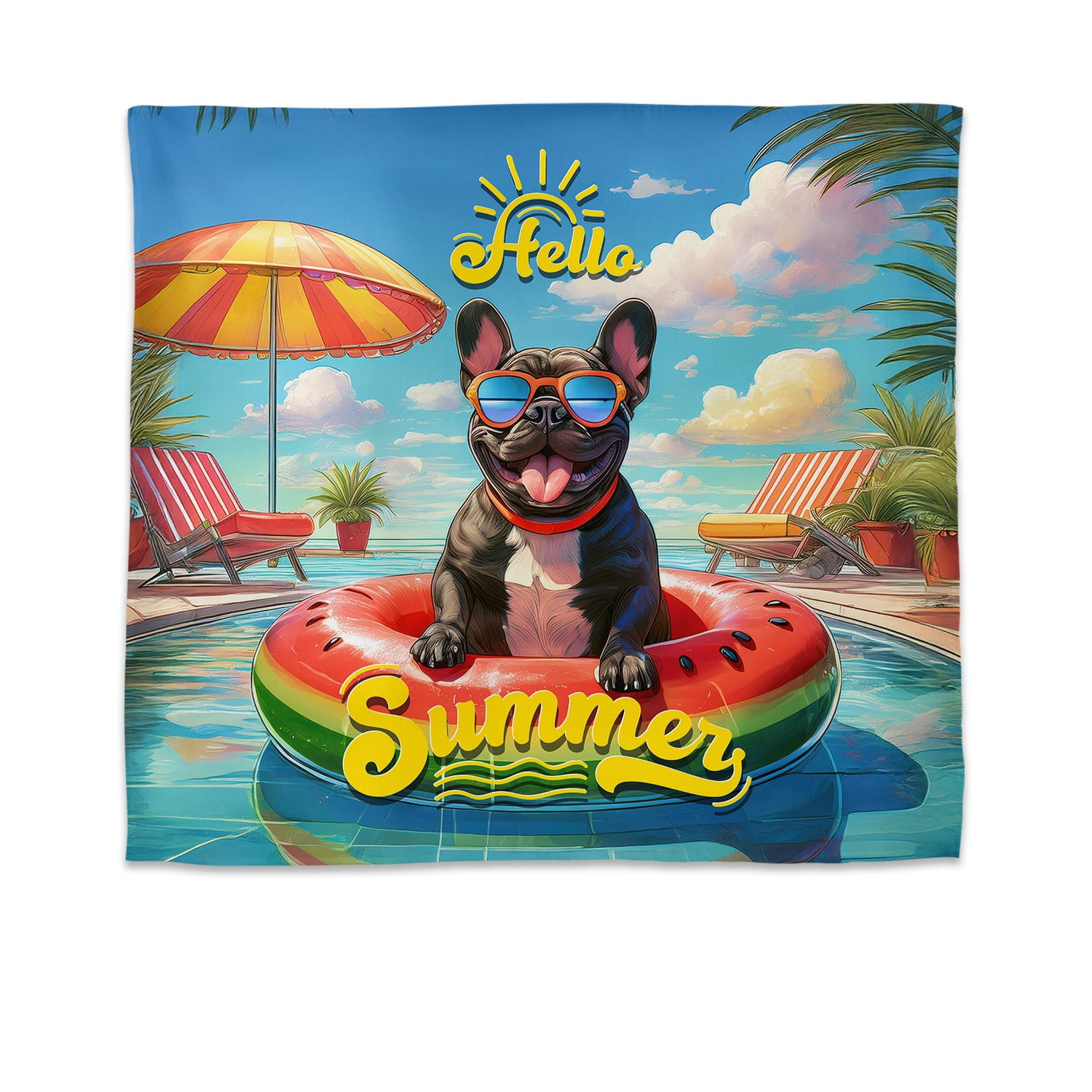 Hello Summer French Bulldog Pool Day on Watermelon Float Tapestry Dog ...