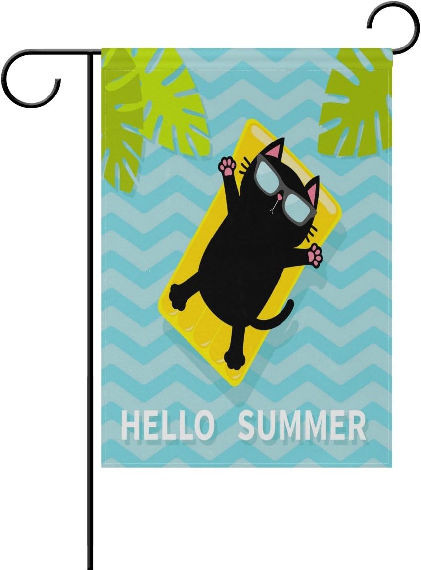 Hello Summer Funny Cat Floating On Pool Water Polyester House Flag ...