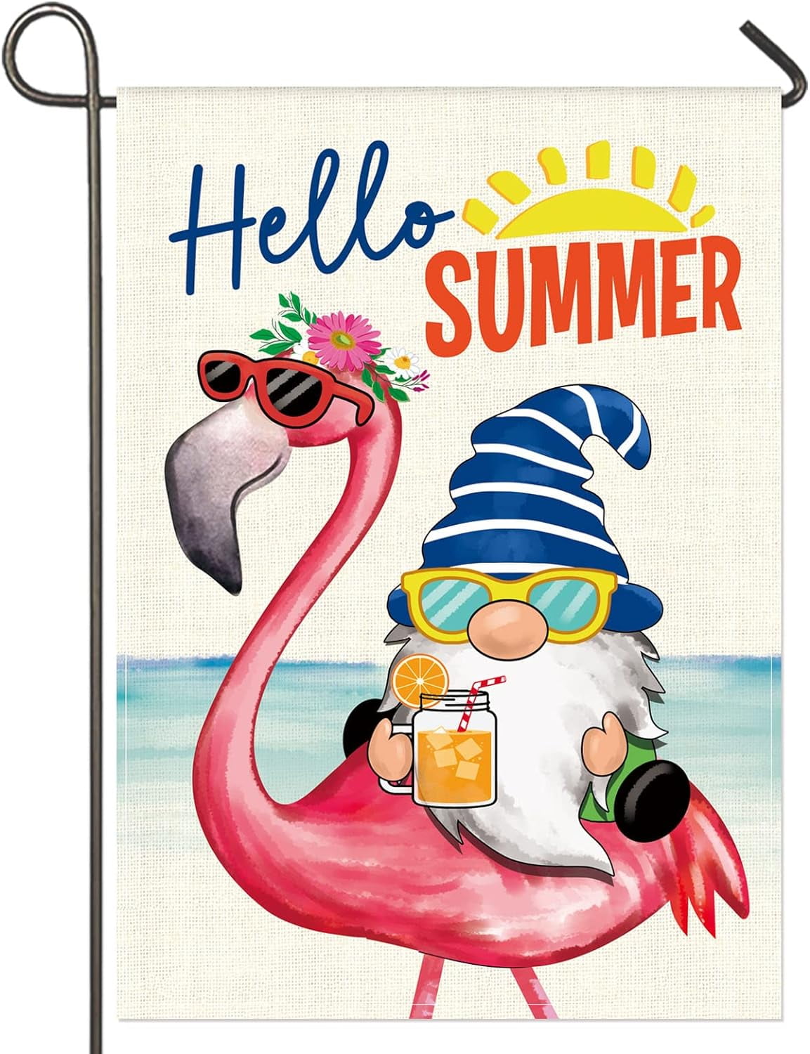 Hello Summer Garden Flag Gnome Ride on Flamingo Tropical Summer Outdoor ...