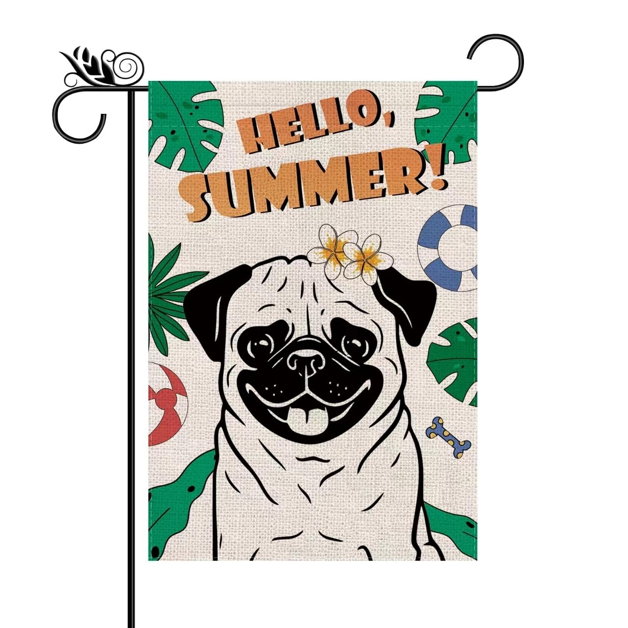 Hello Summer Garden Flag Pug Vertical Double Sided Dog Tropical Flowers ...