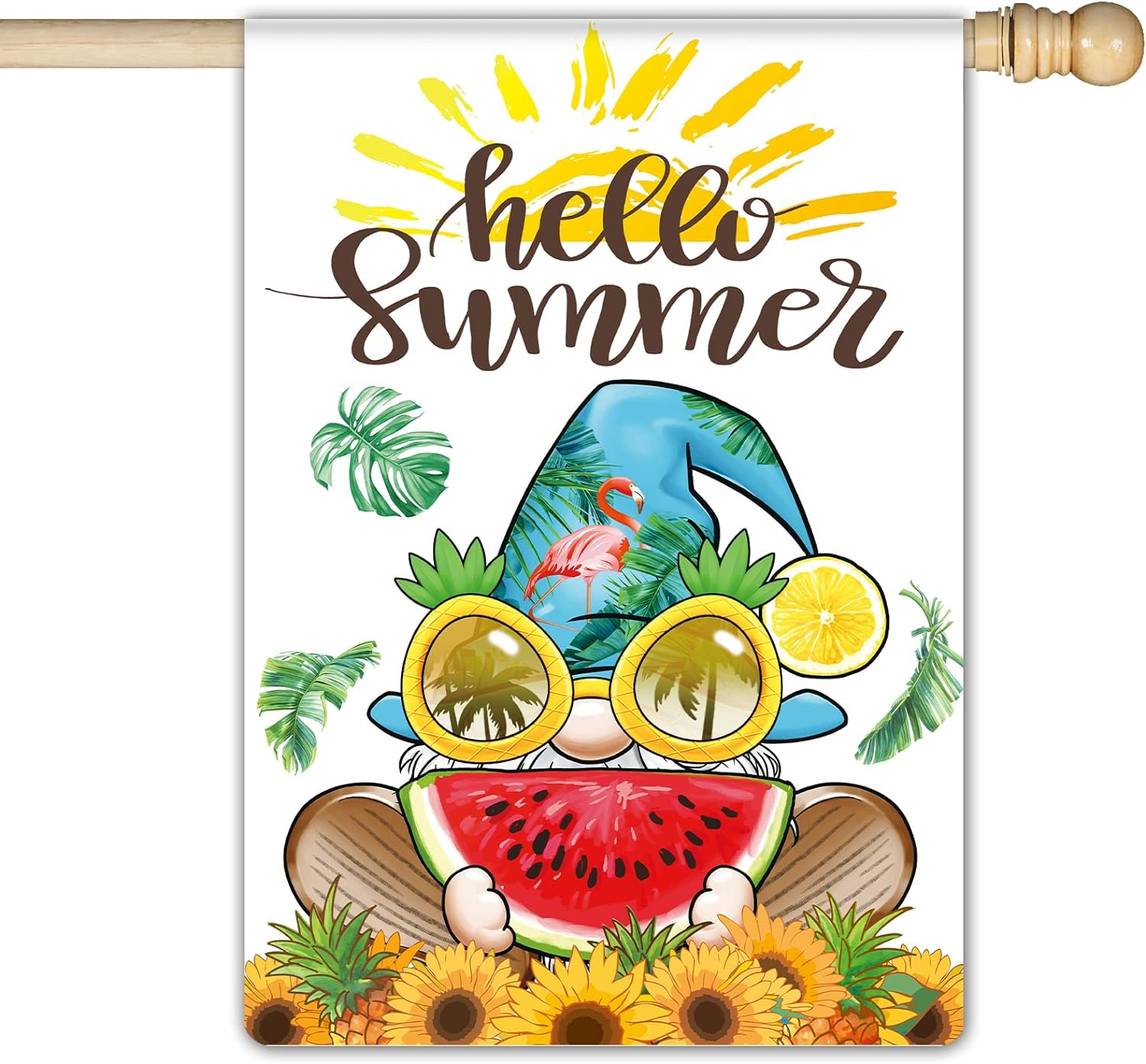 Hello Summer Gnome Large Garden Flags Watermelon Sun Vertical sunflower ...