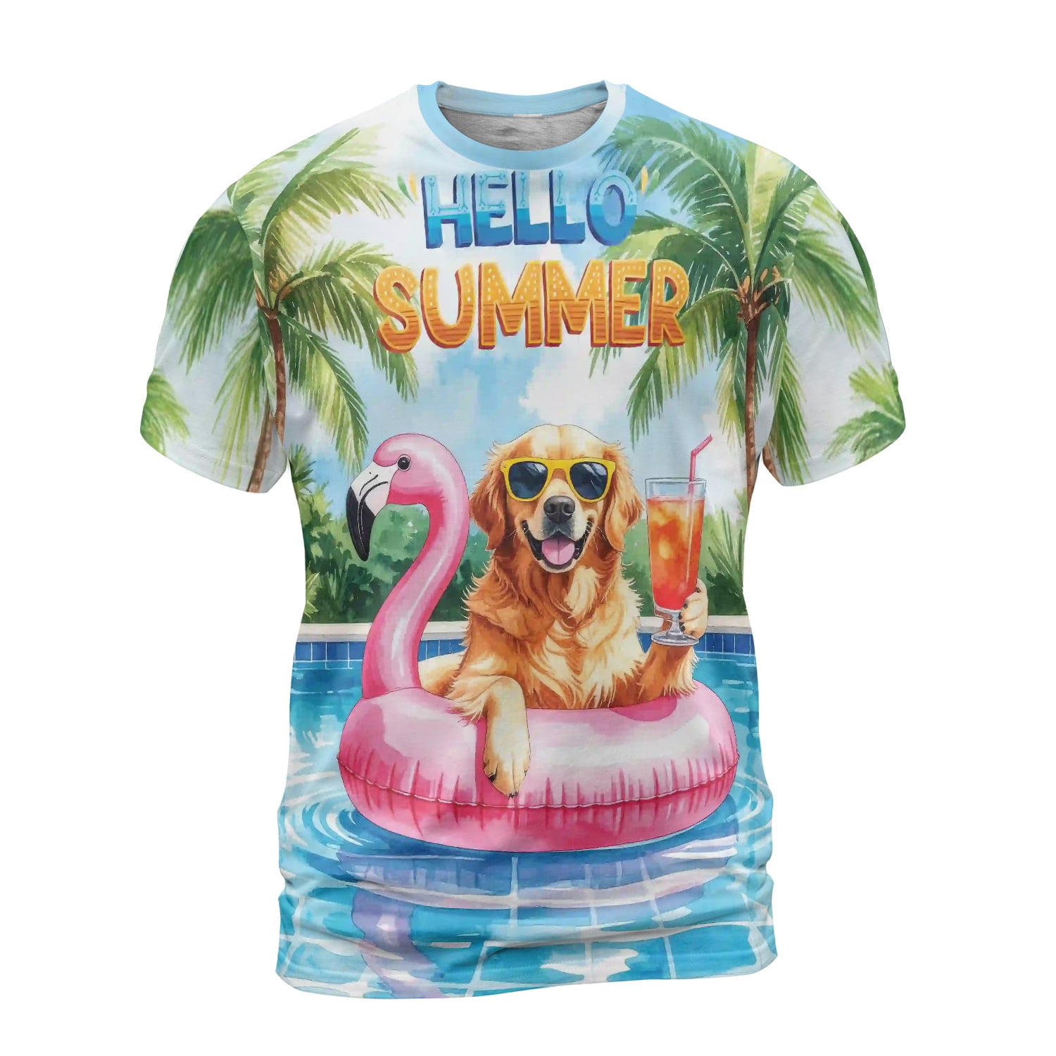 Hello Summer Golden Retriever at Swimming Pool Flamingo Swim Ring All ...