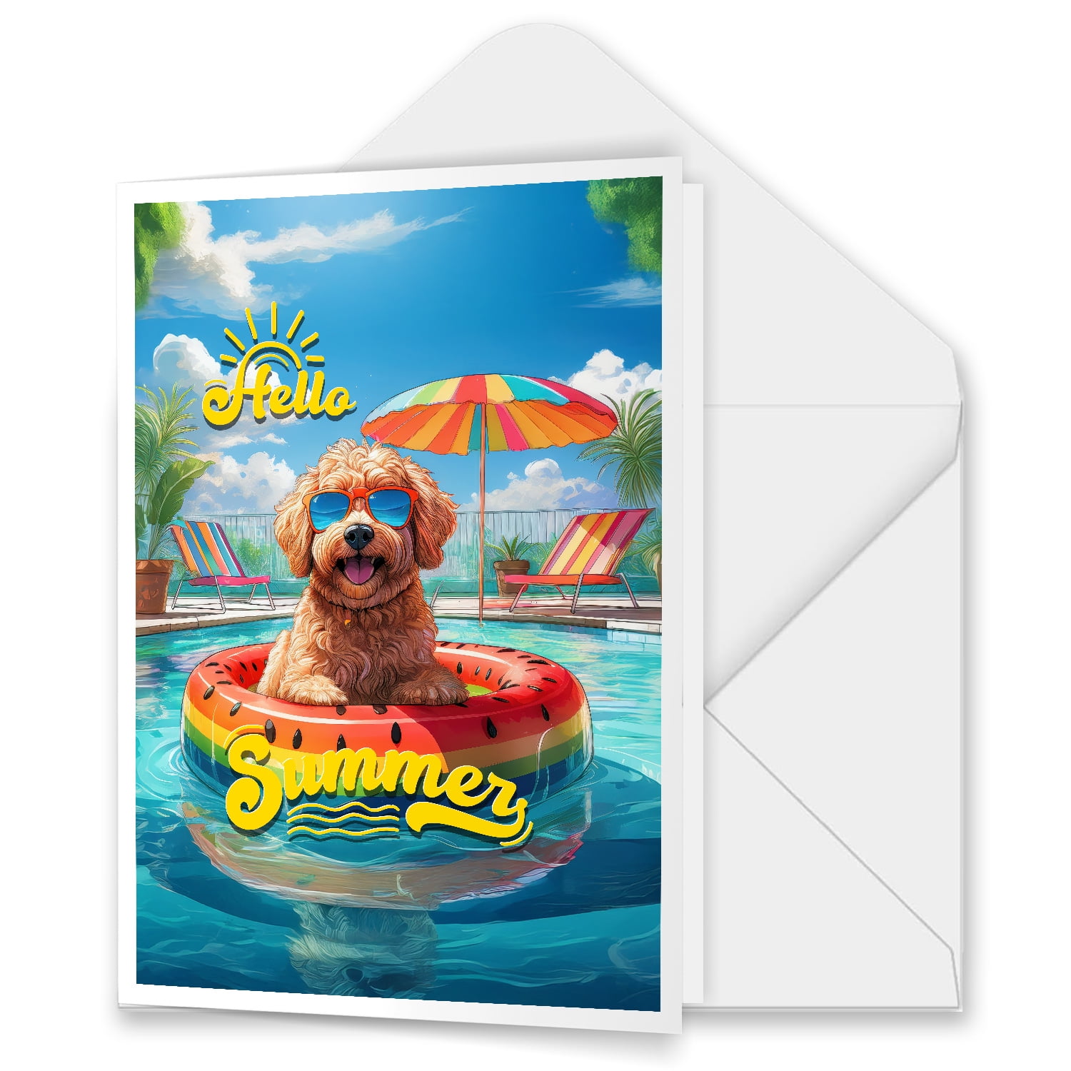 Hello Summer Goldendoodle Pool Day on Watermelon Float 5x7in Folded ...