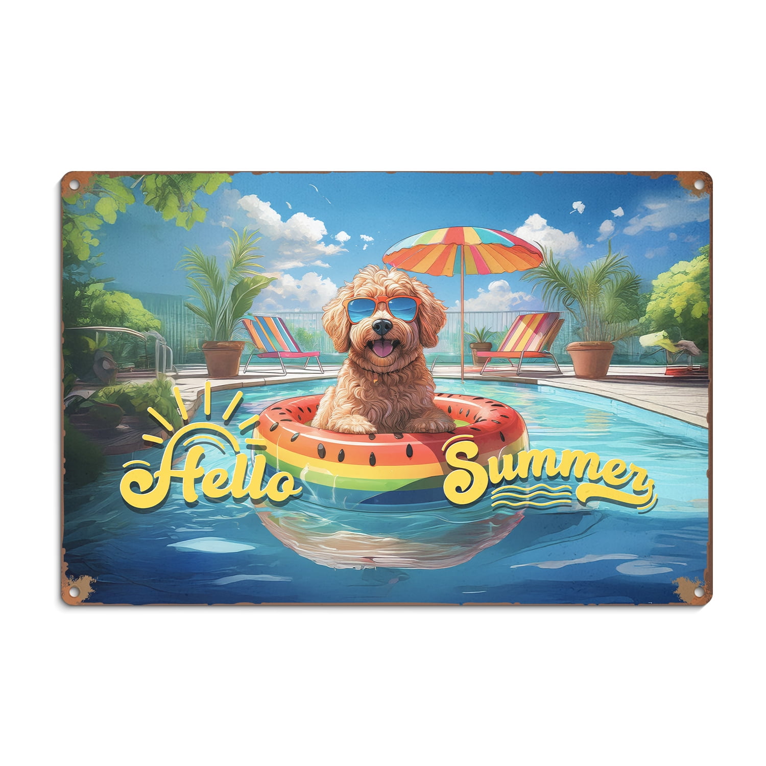 Hello Summer Goldendoodle Pool Day on Watermelon Float Horizontal Metal ...