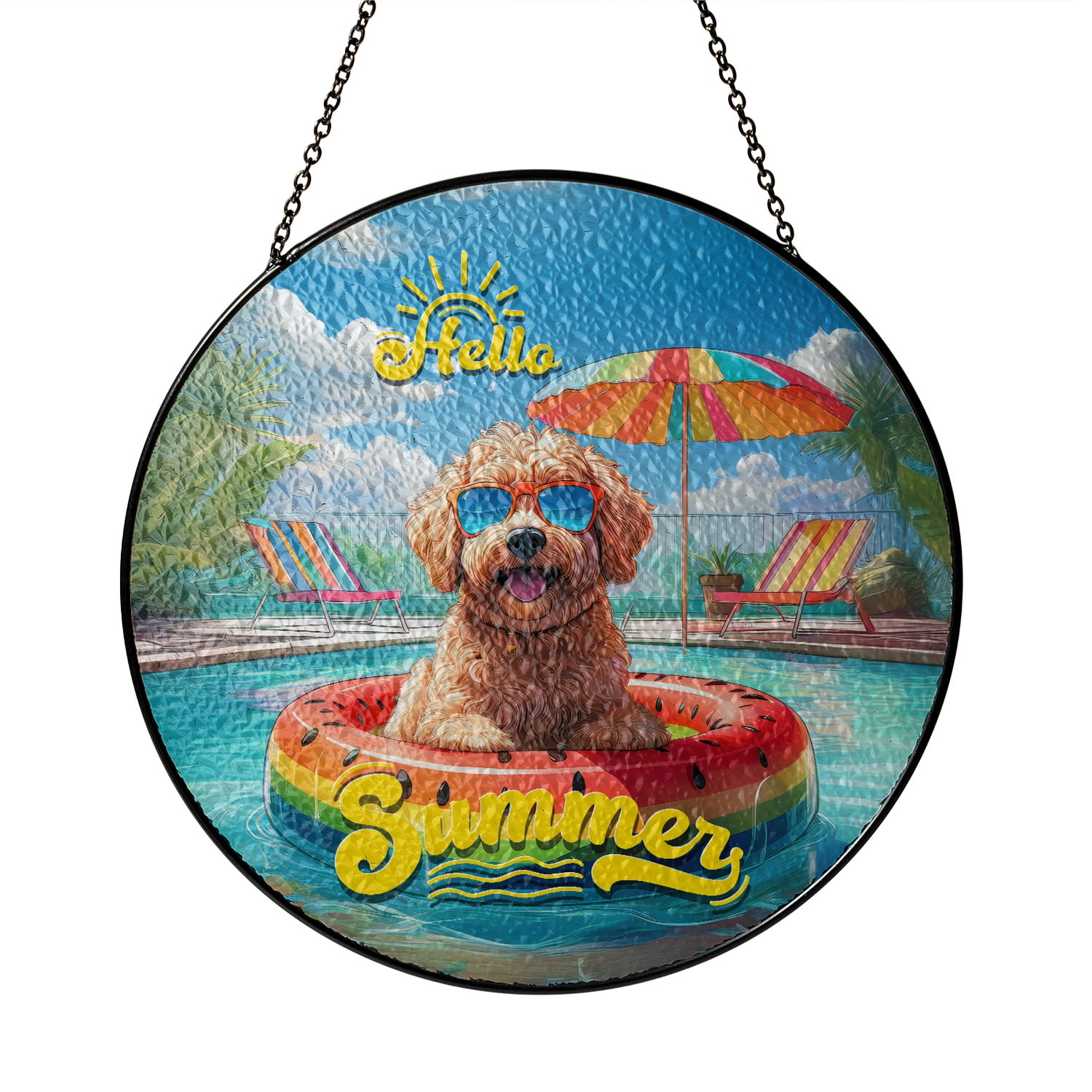 Hello Summer Goldendoodle Pool Day on Watermelon Float Stained Glass ...
