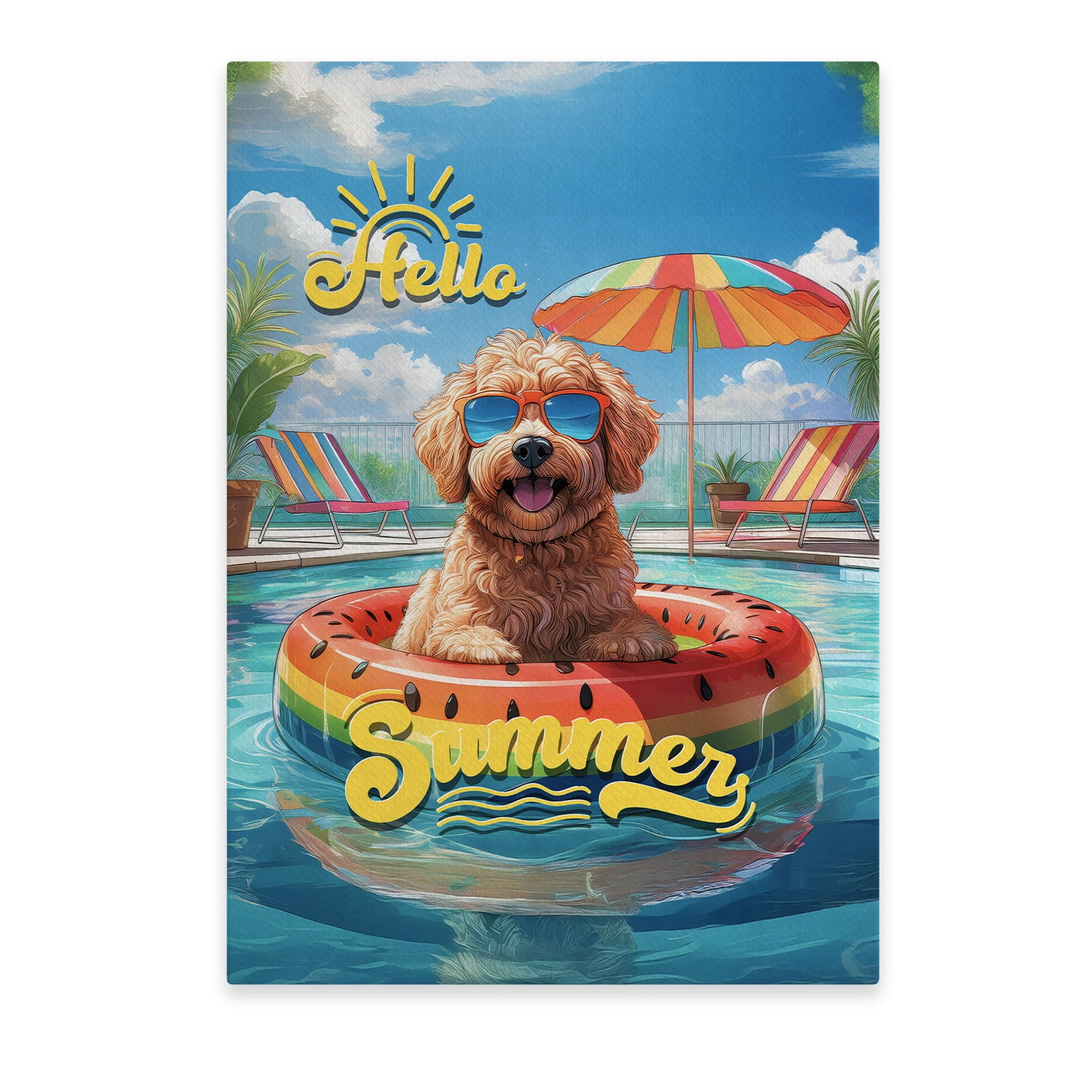 Hello Summer Goldendoodle Pool Day on Watermelon Float Vertical Matte ...