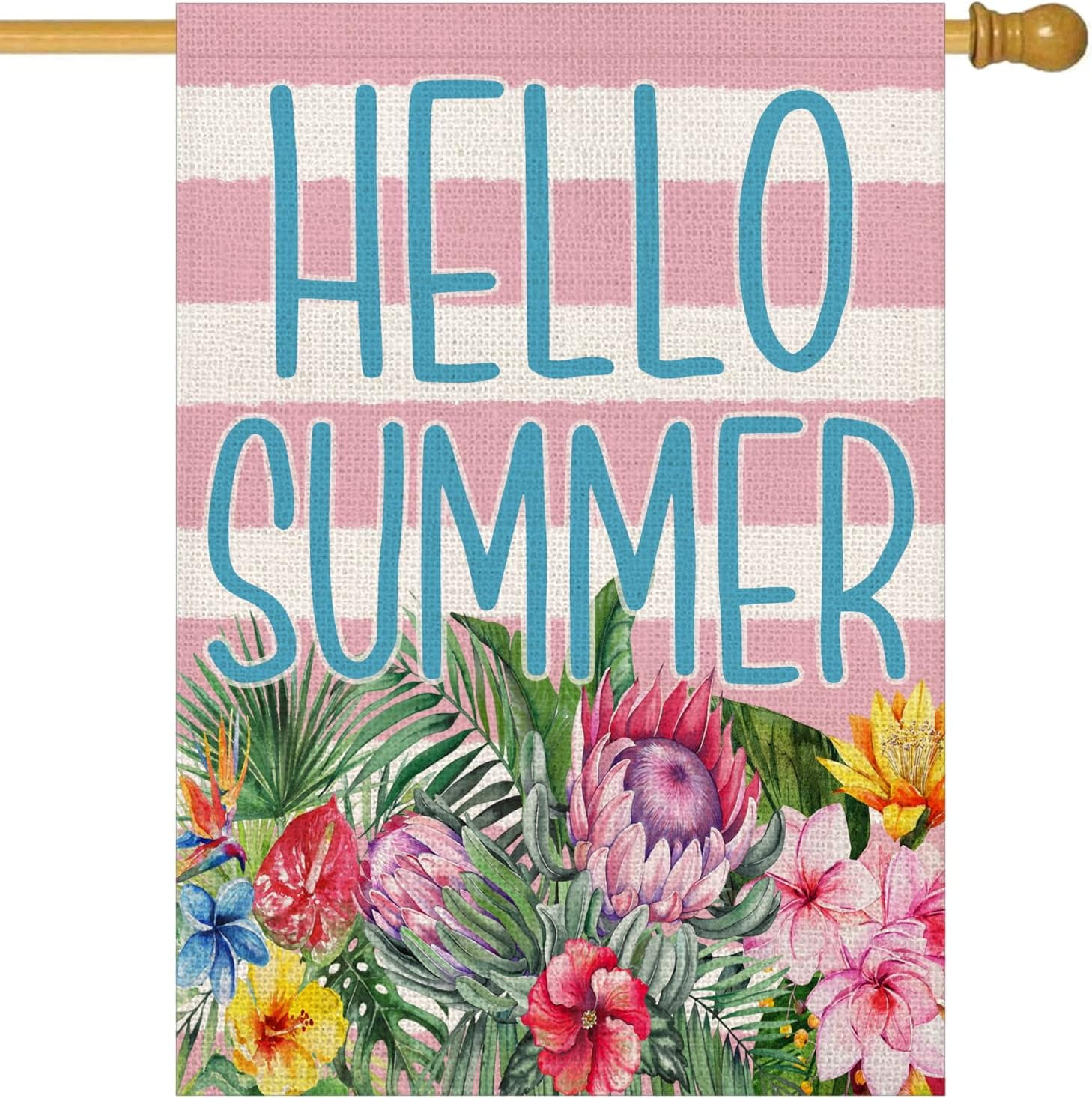 Hello Summer House Flag 12 X 18 inch Pink White Stripes Double Sided ...