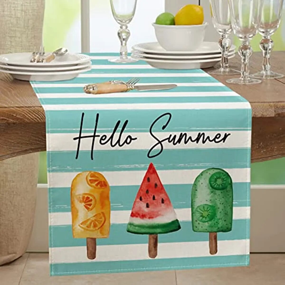 Hello Summer Ice Cream Linen Table Runner Holiday Party Decor Kitchen ...