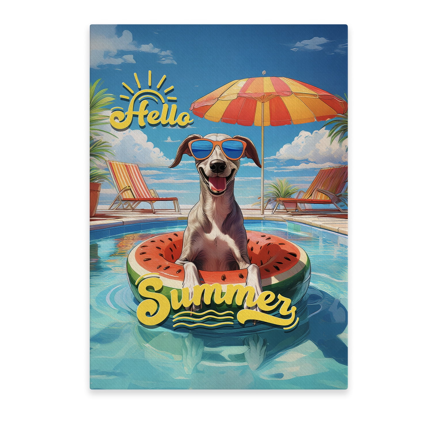 Hello Summer Italian Greyhound Pool Day on Watermelon Float Vertical ...