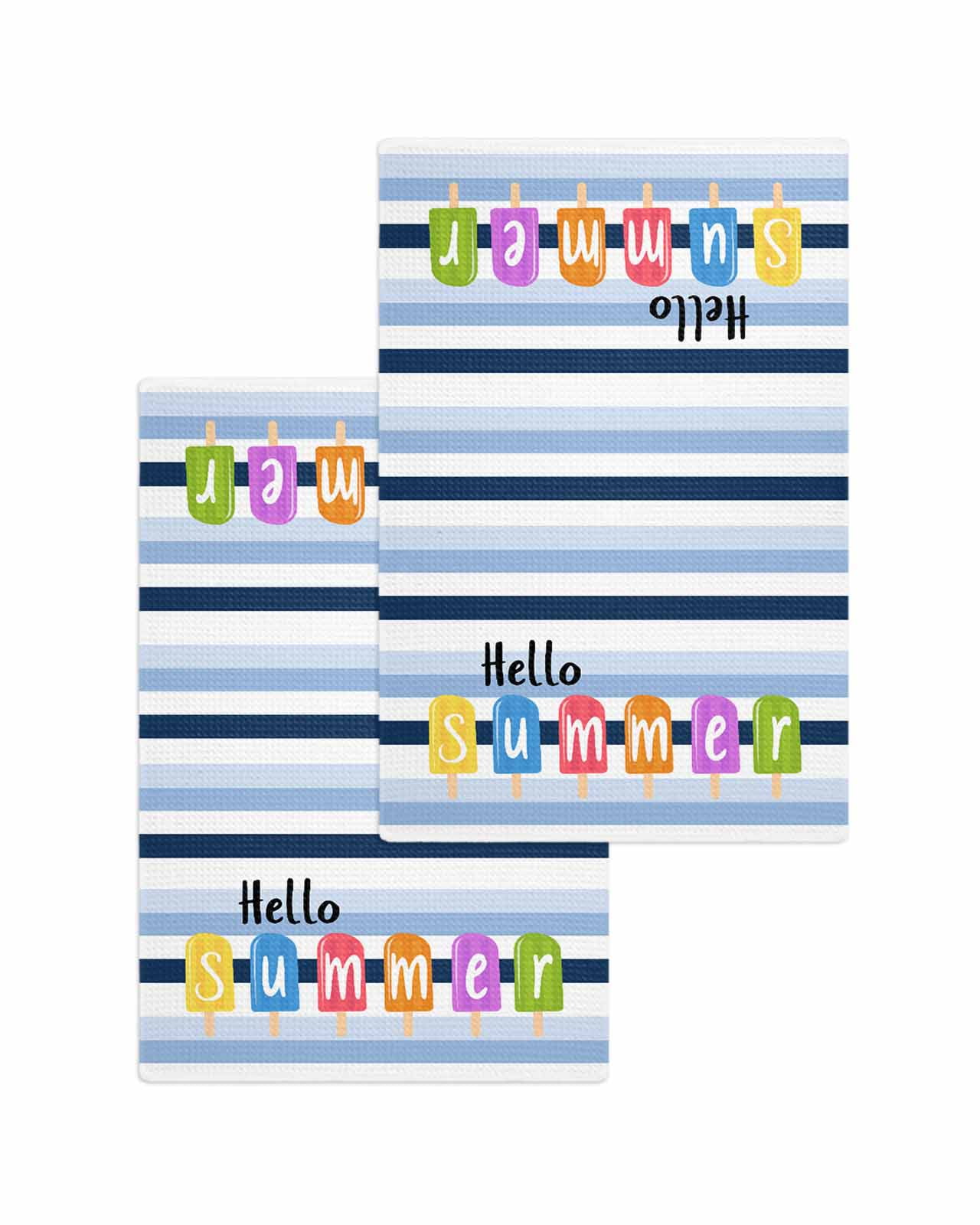 Hello Summer Kitchen Dish Towels for Drying Dishes Set of 2, Watercolor Blue Striped Colorful ...
