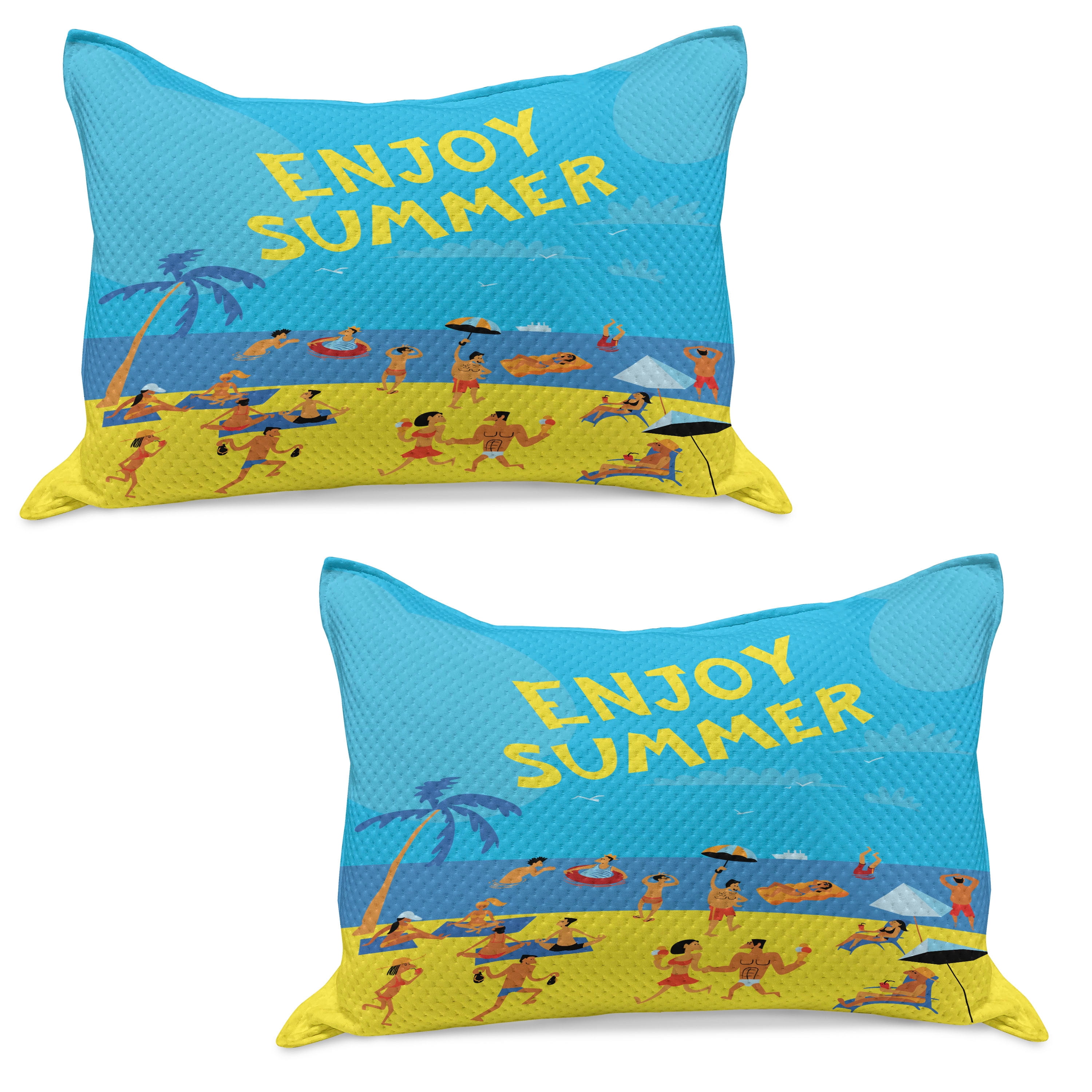 Hello Summer Knitted Quilt Pillowcover Set of 2, People Having Fun at a ...
