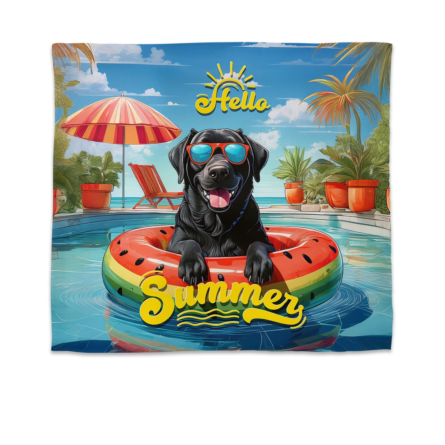 Hello Summer Labrador Retriever Pool Day on Watermelon Float Tapestry ...