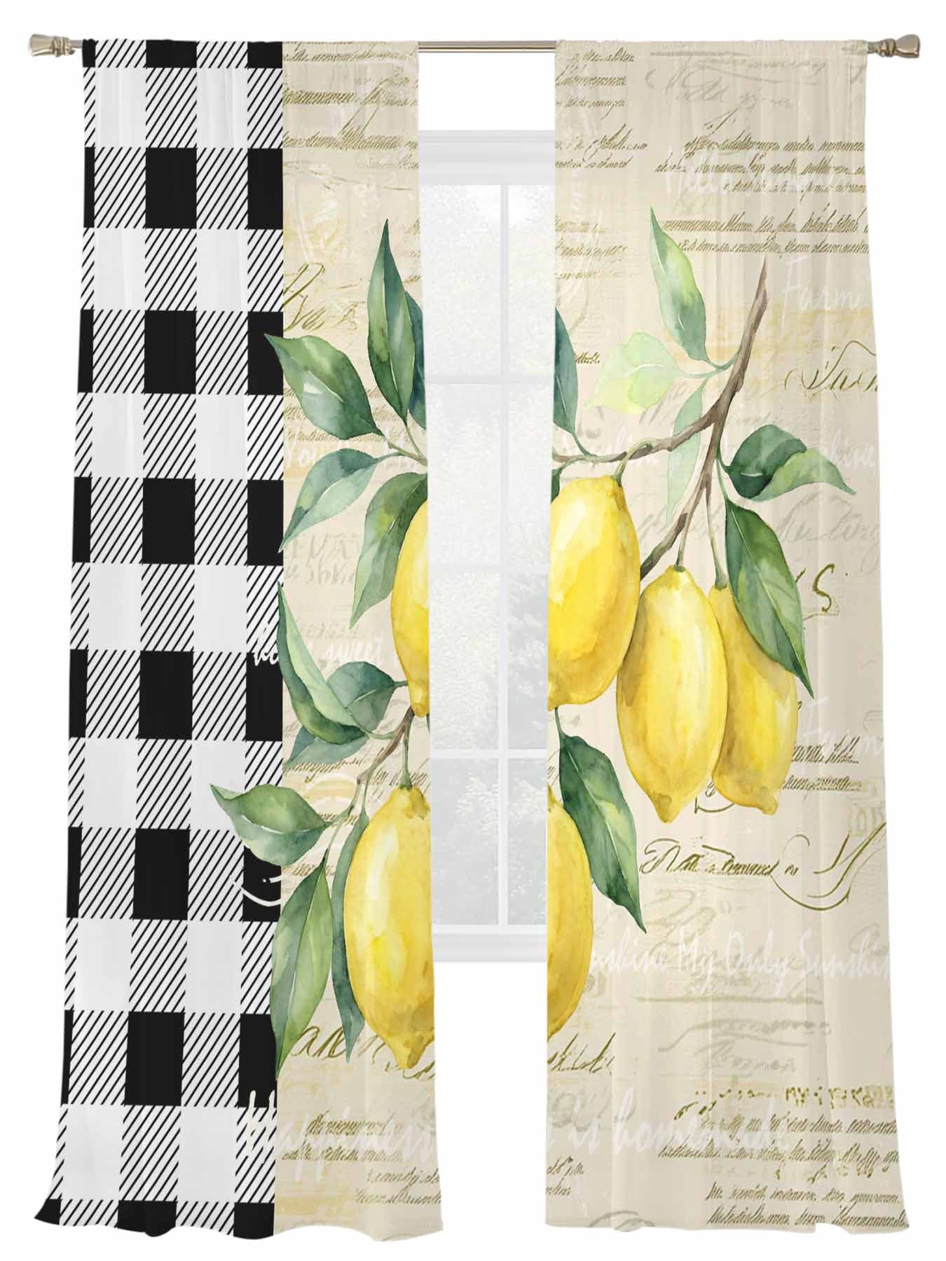 Hello Summer Lemons Sheer Curtains 2 Panels Set Farmhouses Fruits Black ...