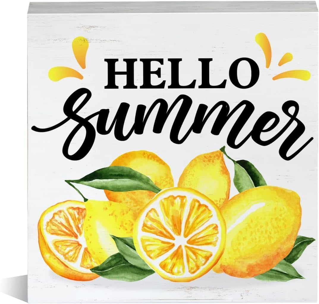 Hello Summer Lemons Wooden Box Sign Wood Block Tabletop Sign Decorative ...