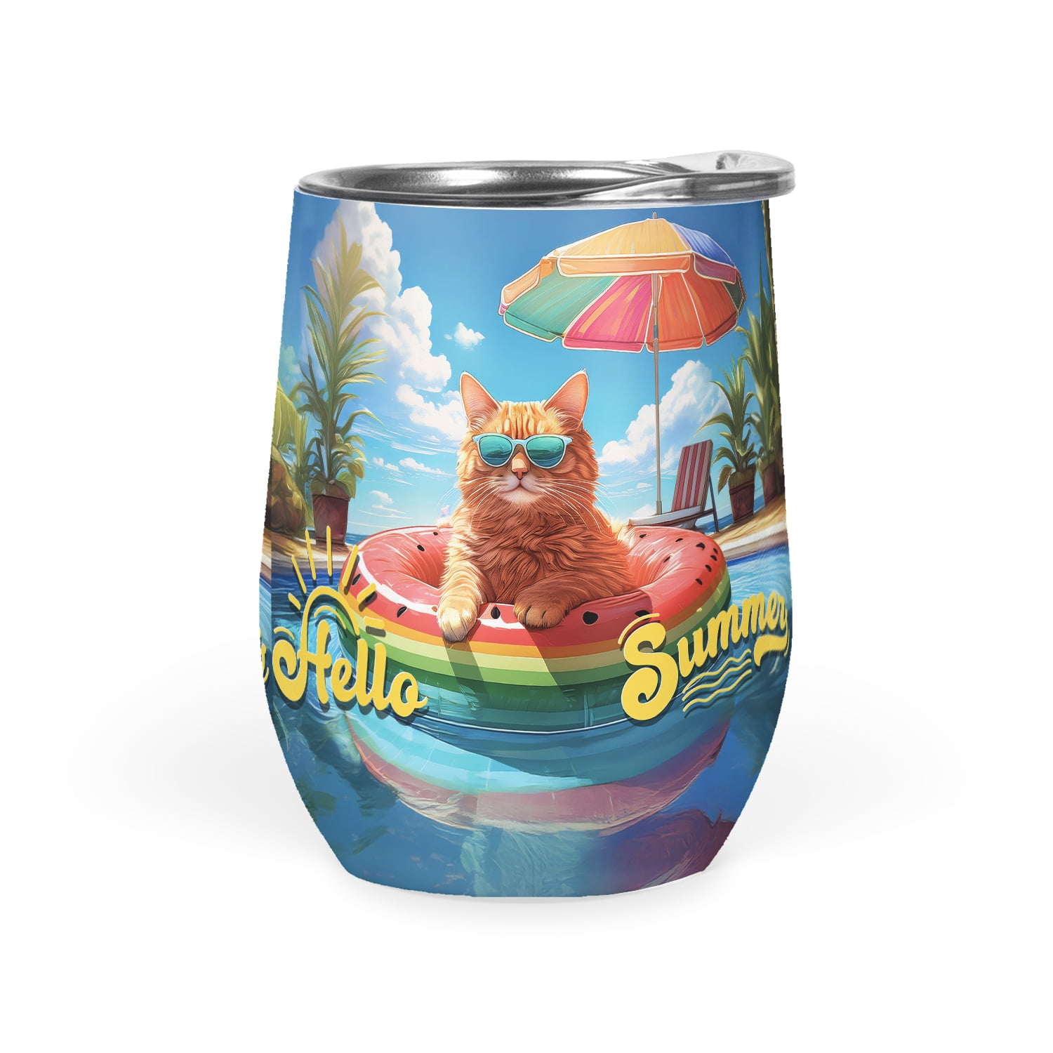 Hello Summer Maine Coon Pool Day on Watermelon Float 12oz Stainless ...
