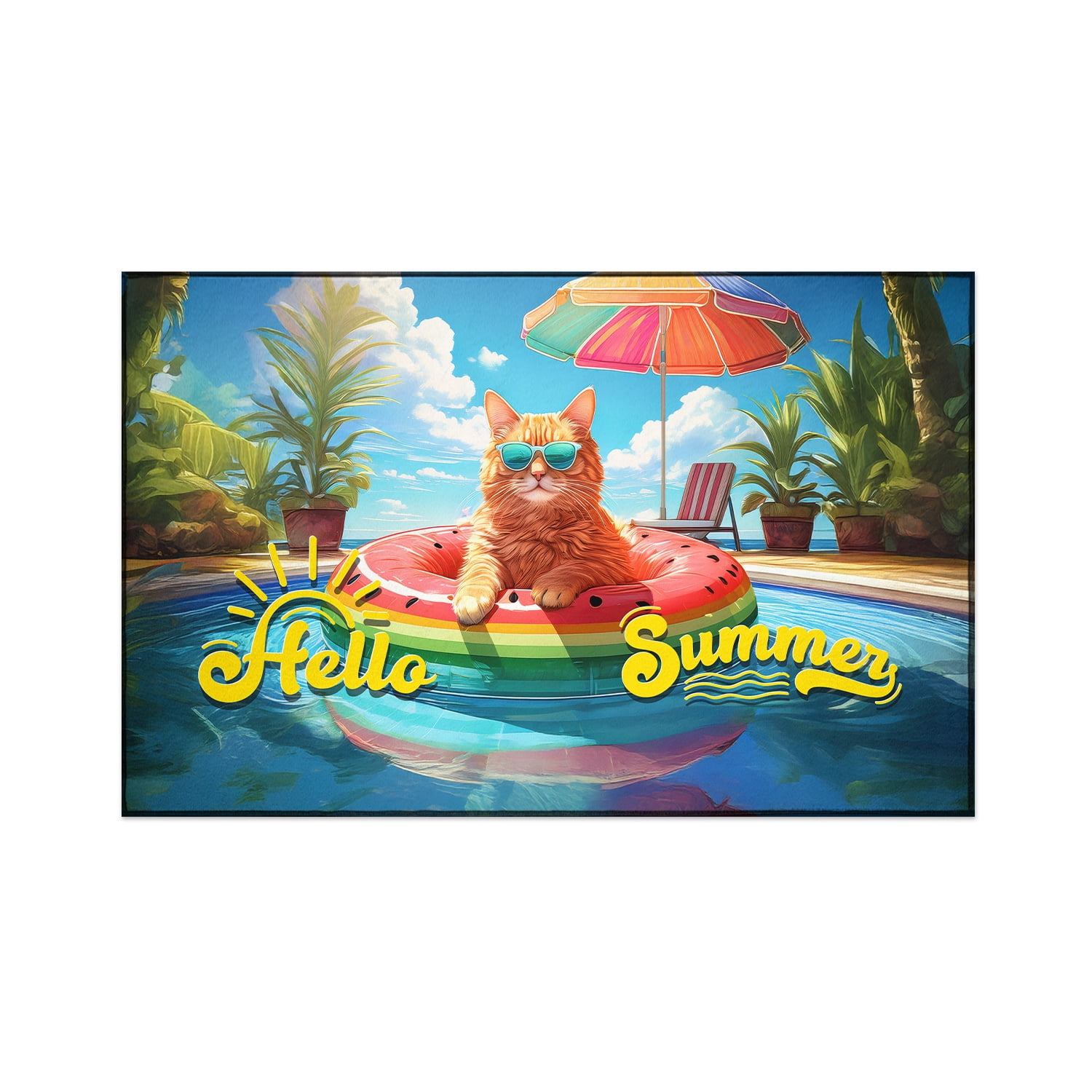 Hello Summer Maine Coon Pool Day on Watermelon Float Indoor Rug Cat ...