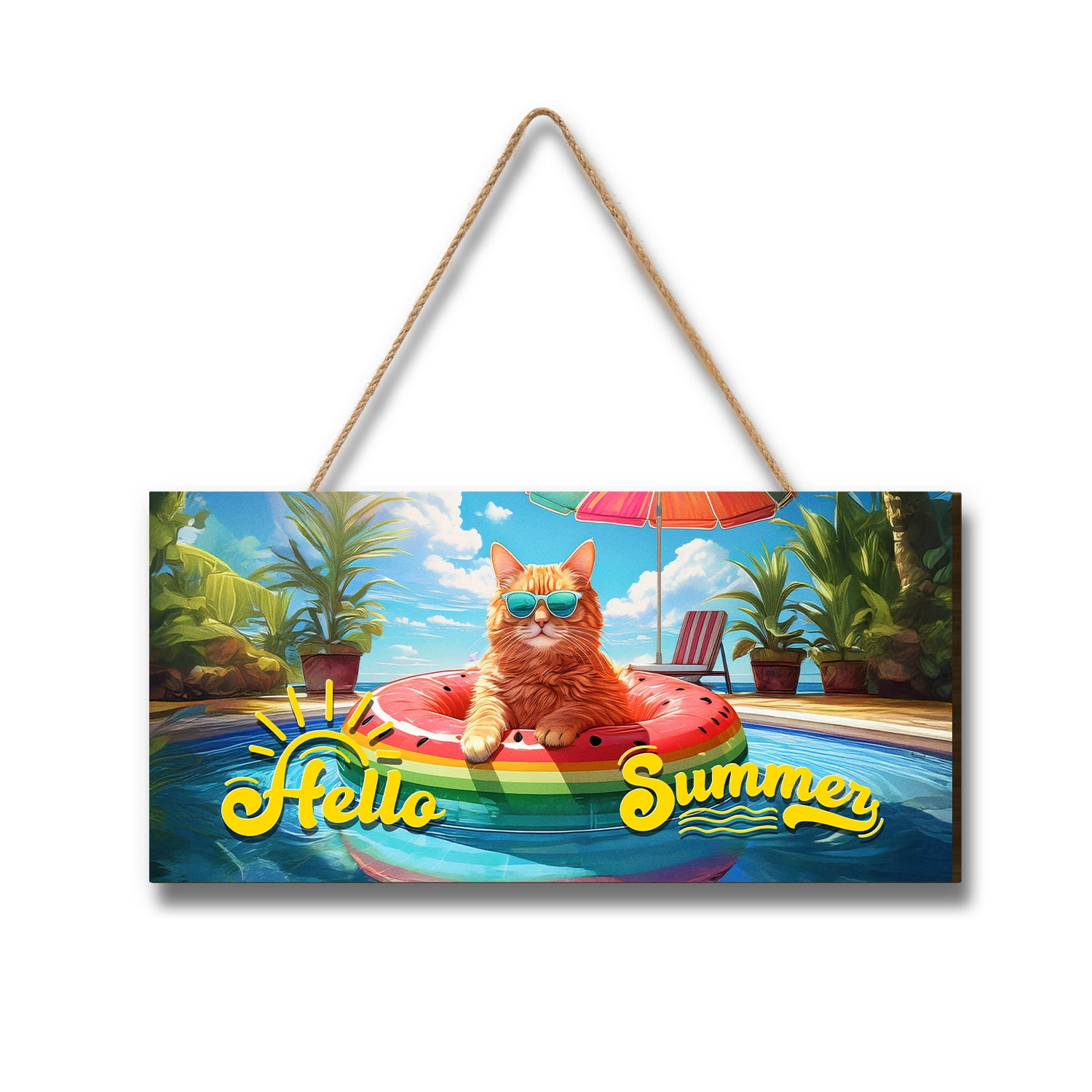 Hello Summer Maine Coon Pool Day on Watermelon Float Landscape Wood ...