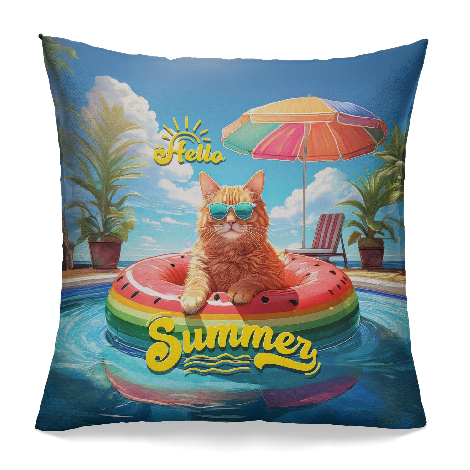 Hello Summer Maine Coon Pool Day on Watermelon Float Pillowcase Double ...