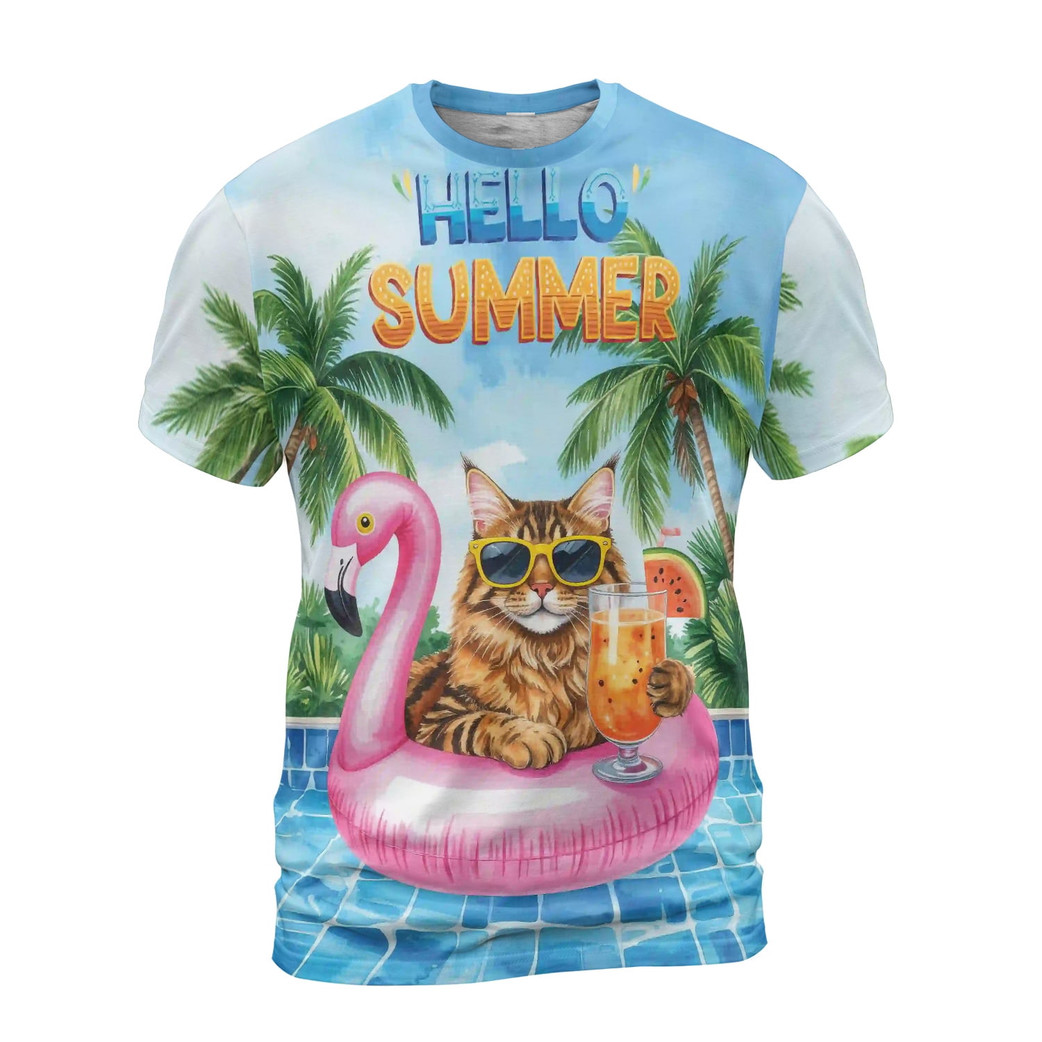 Hello Summer Maine Coon at Swimming Pool Flamingo Swim Ring All Over ...