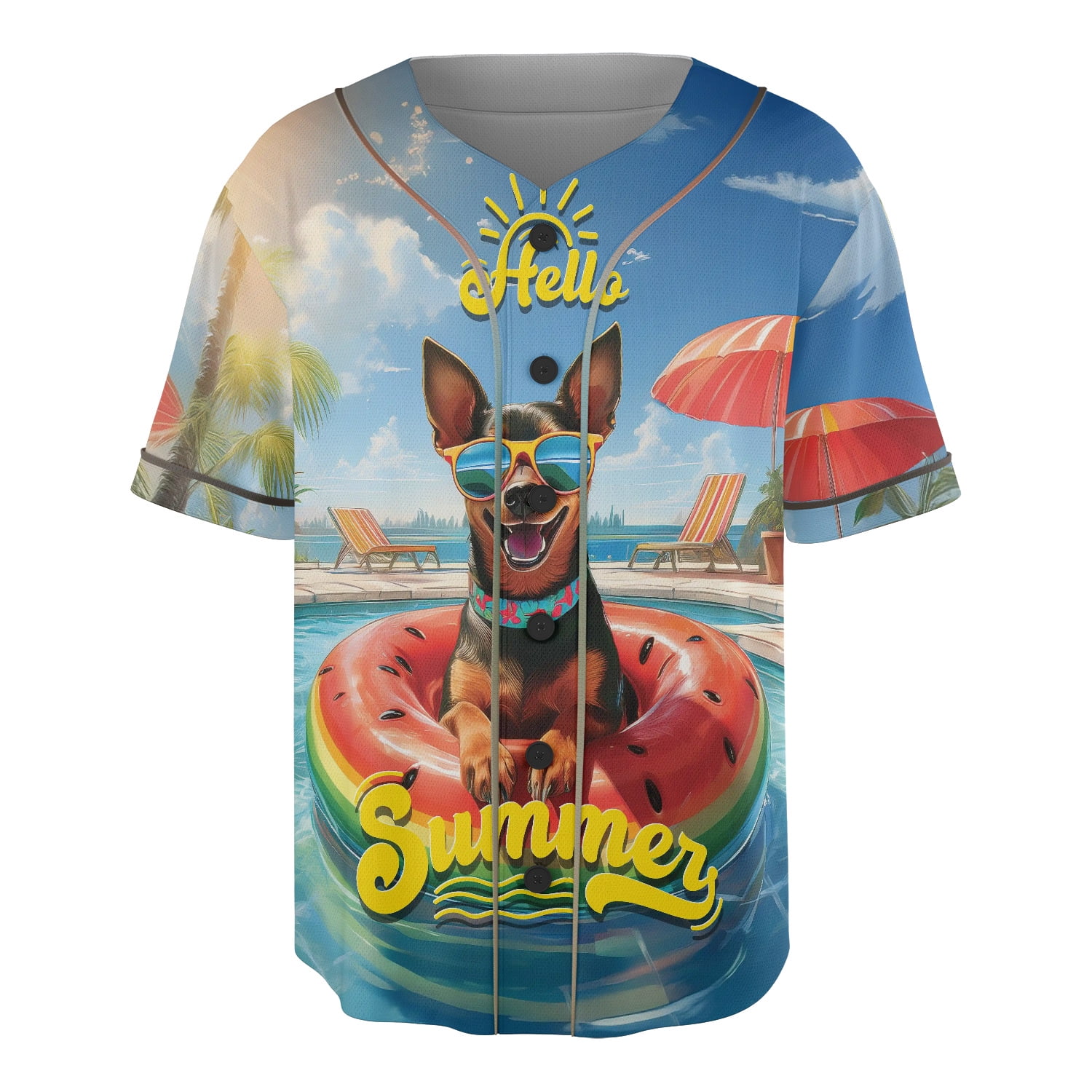 Hello Summer Miniature Pinscher Pool Day on Watermelon Float All Over ...