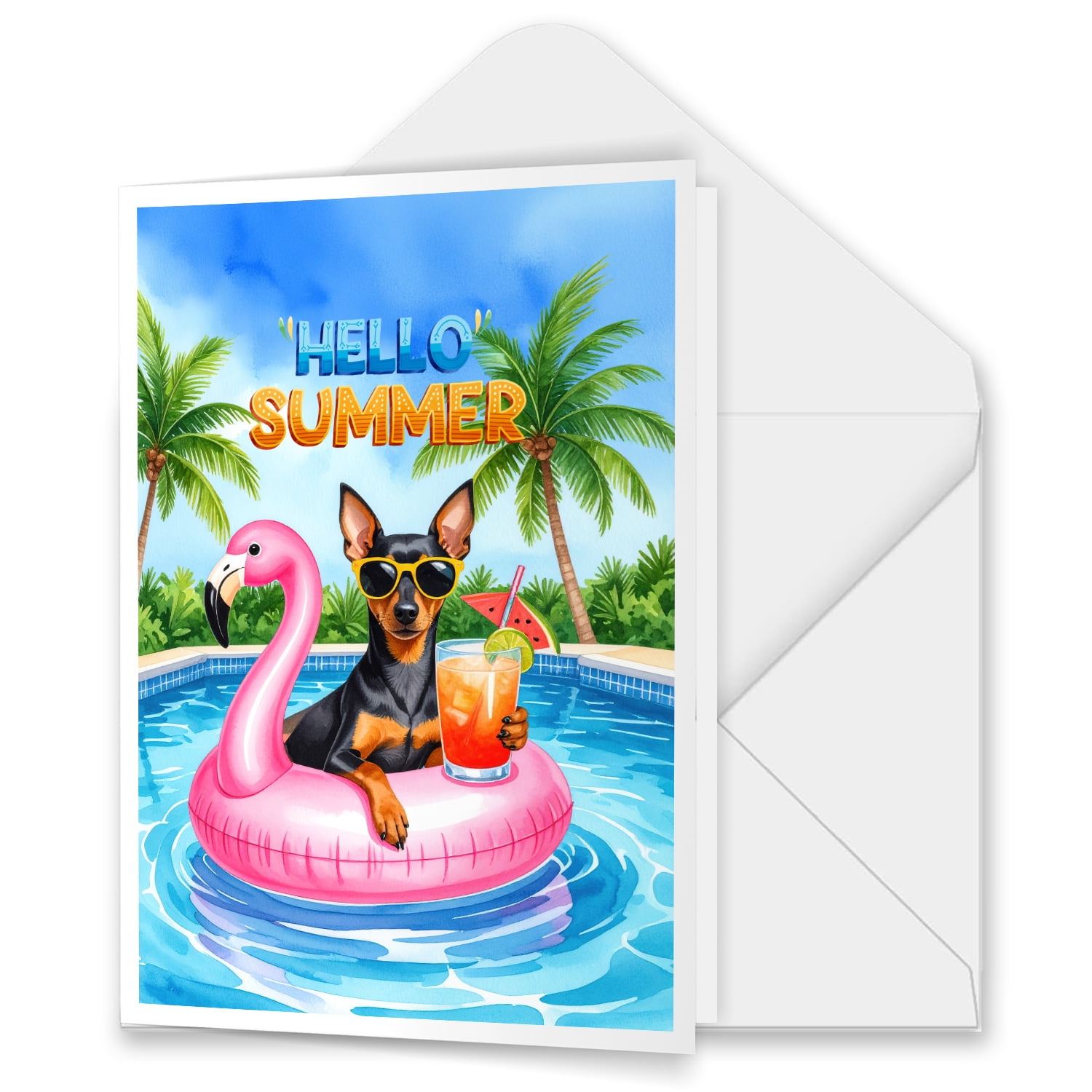 Hello Summer Miniature Pinscher at Swimming Pool Flamingo Swim Ring ...