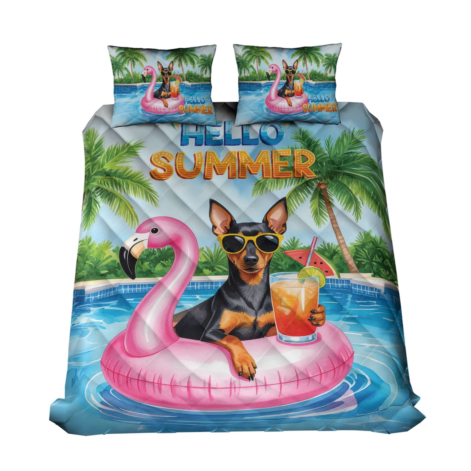 Hello Summer Miniature Pinscher at Swimming Pool Flamingo Swim Ring ...