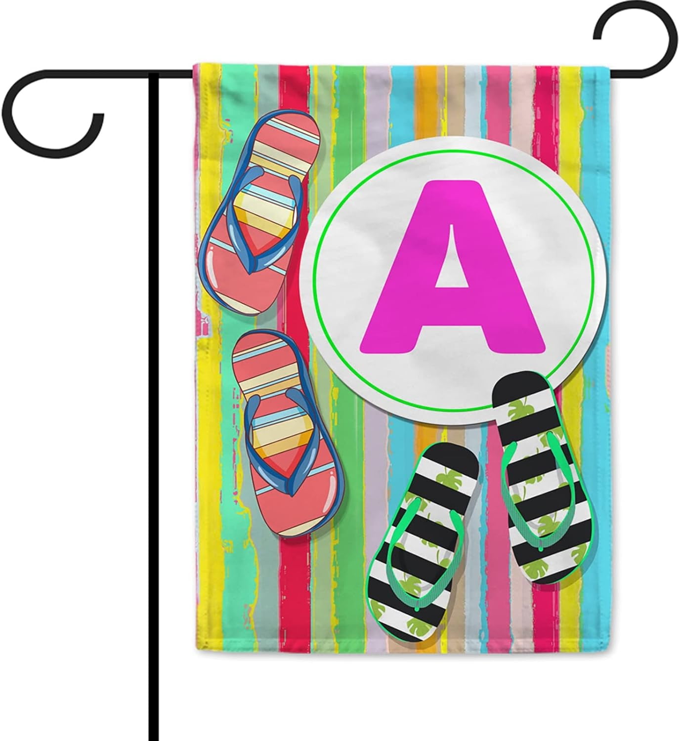 Hello Summer Monogram A Garden Flag Flip Flops Colorful Stripes Welcome ...