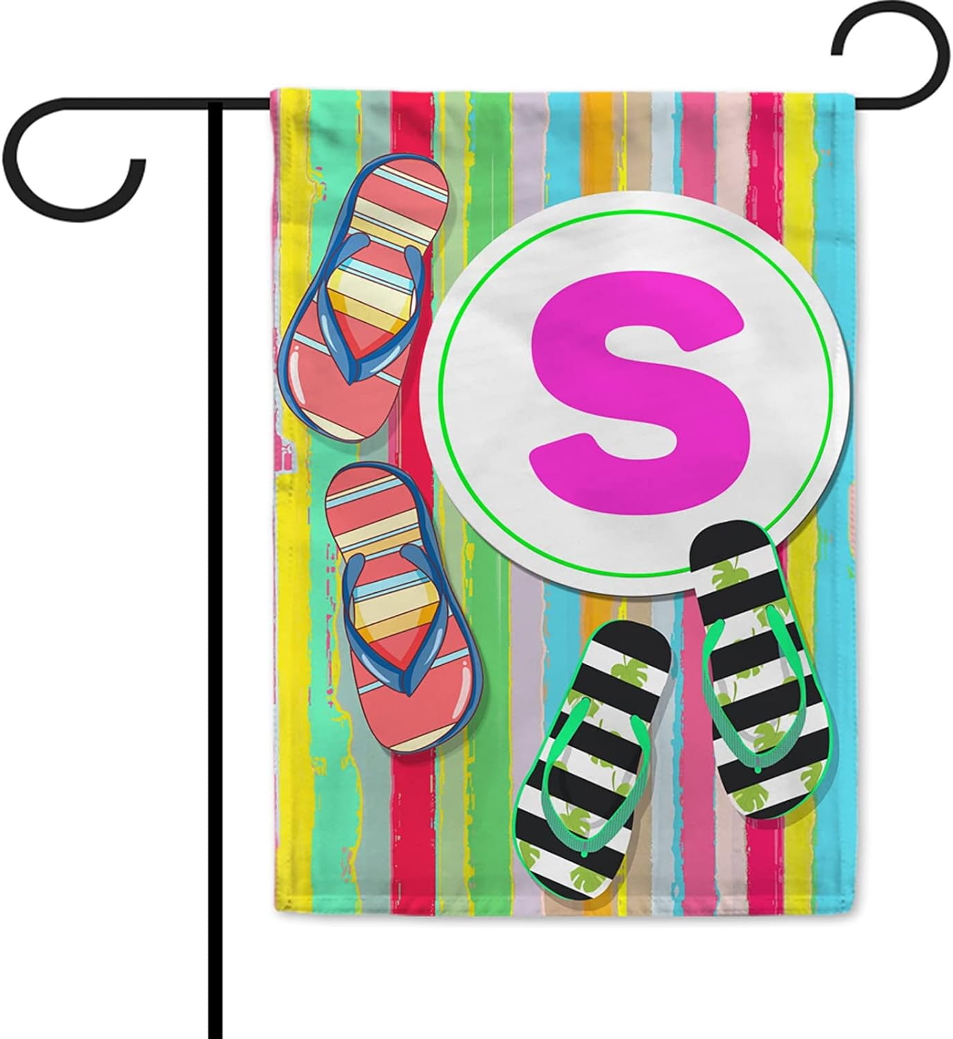 Hello Summer Monogram S Garden Flag Flip Flops Colorful Stripes Welcome ...
