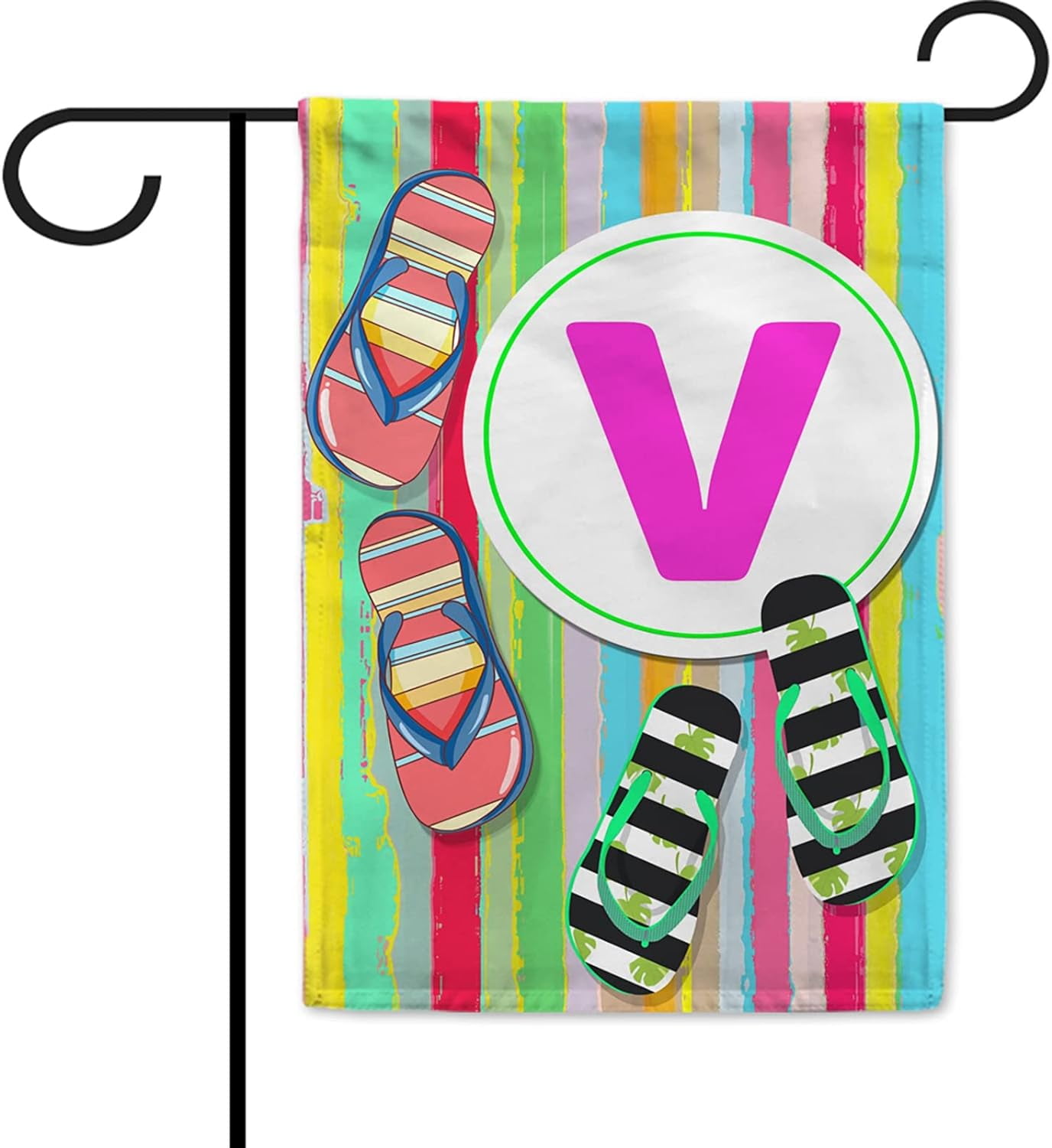 Hello Summer Monogram V Garden Flag Flip Flops Colorful Stripes Welcome ...